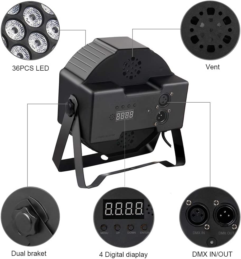 MOSFiATA Par Lights 2 Pack, RGB 36 LED Stage Lights Sound Activated DMX Control, 7 Modes Uplighting Lights with Remote Control Stage Lighting, DJ Par Party Lights for Club KTV Disco Party