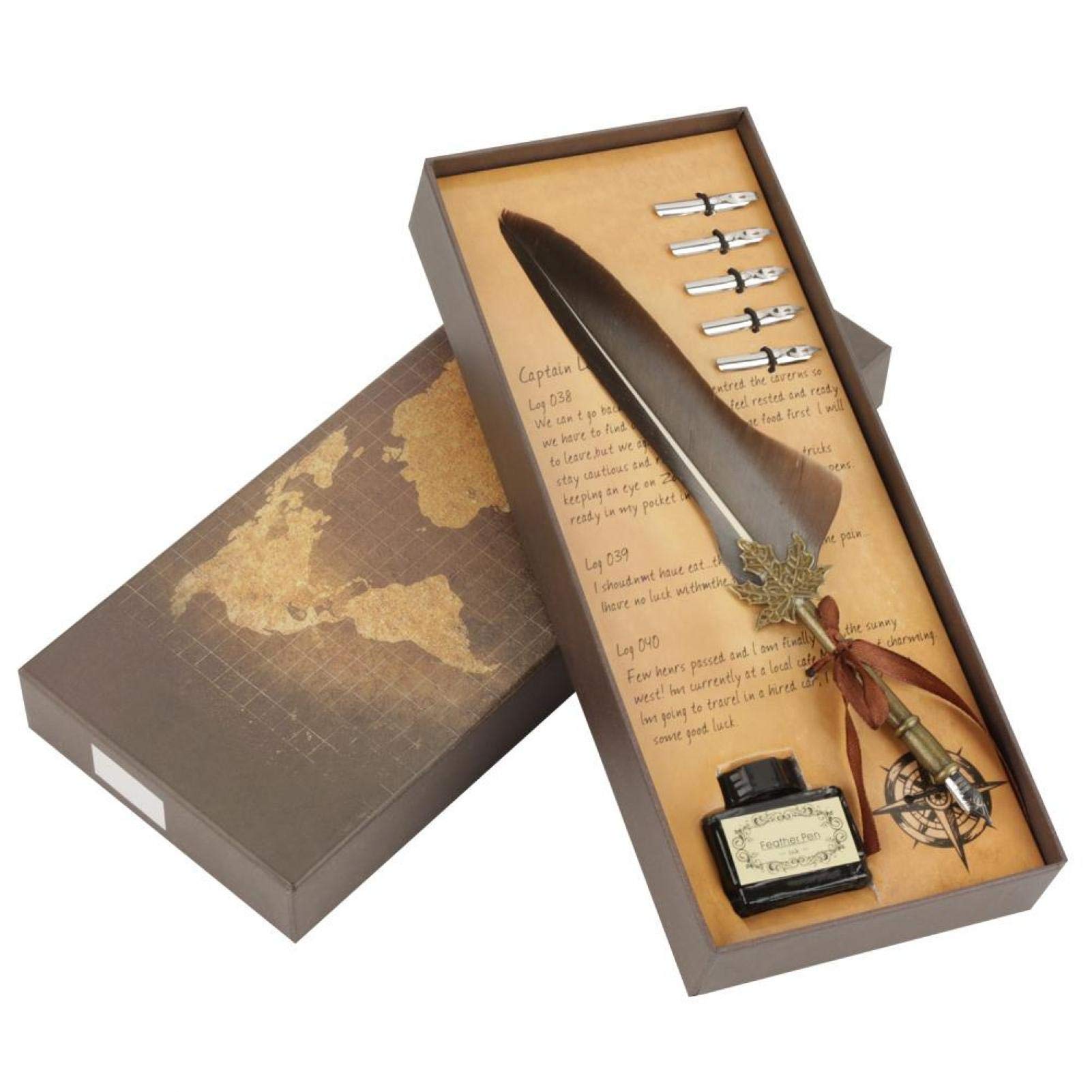 Quill Feather Pen with 5 Steel Replacement Nibs and Dip Ink Bottle in Vintage Gift Box for Antique Calligraphy (Gray)