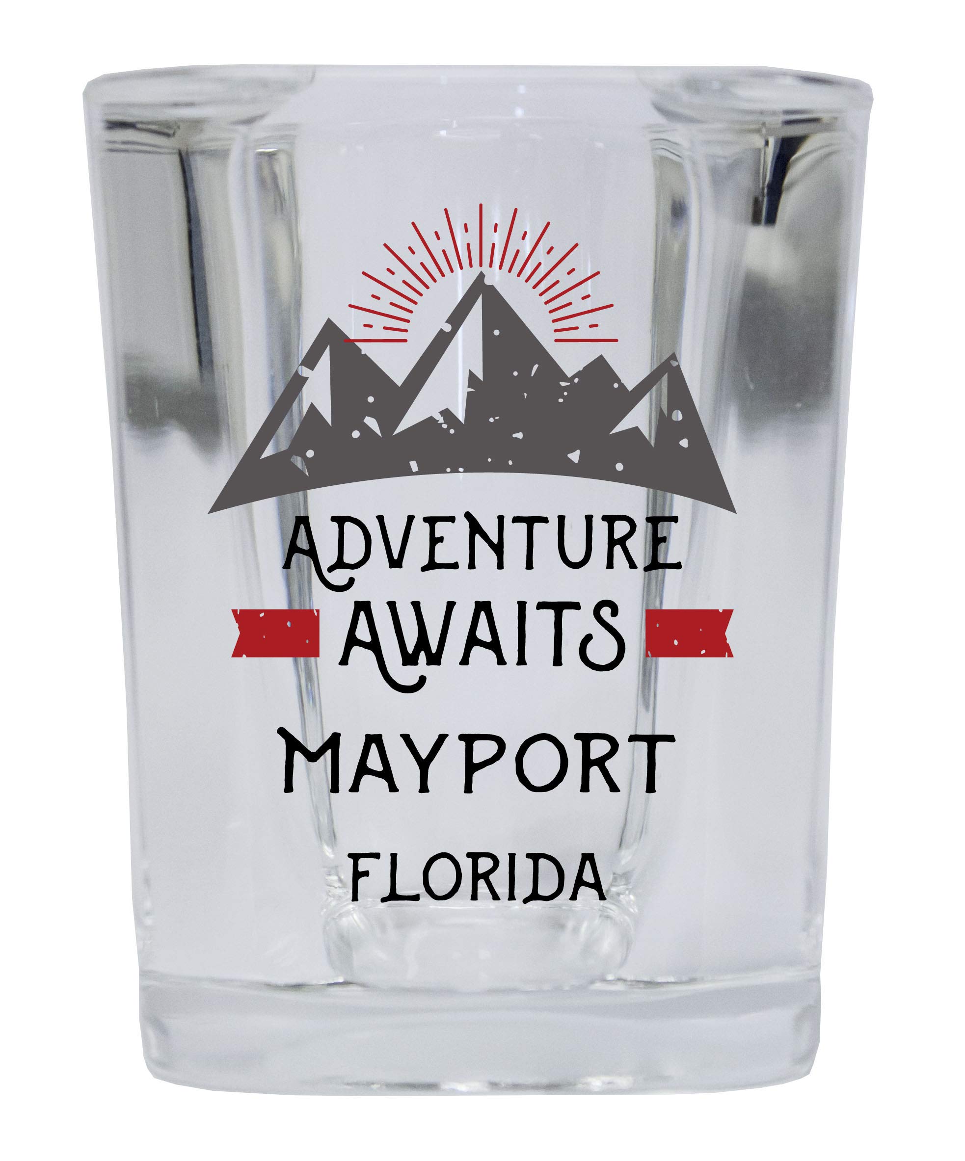 R and R Imports Mayport Florida Souvenir 2 Ounce Square Base Liquor Shot Glass Adventure Awaits Design