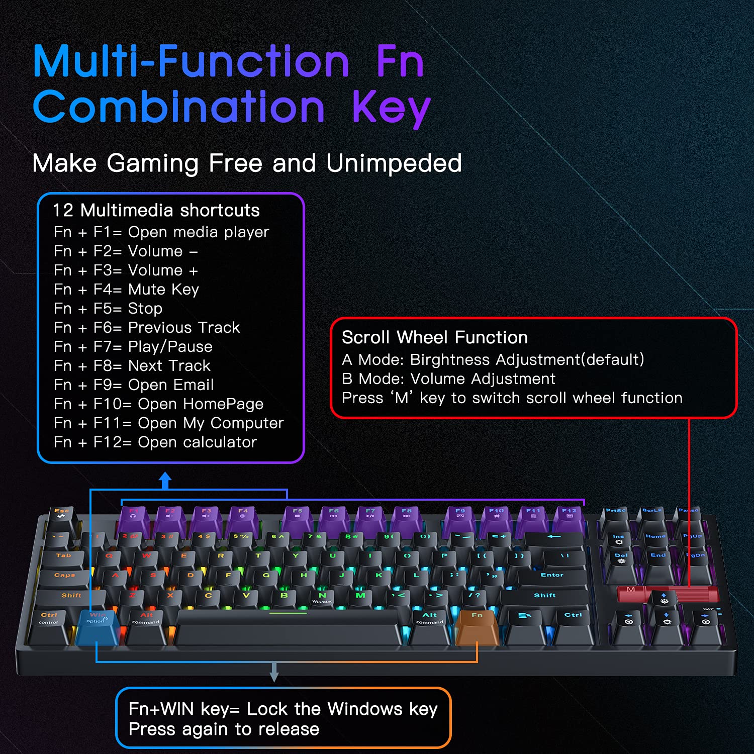 RECCAZR TK18 TKL Mechanical Gaming Keyboard RGB Rainbow Backlit Compact Wired Keyboard with Roller Controller and Anti-Ghosting for Windows PC (87 Keys, Red Switches)