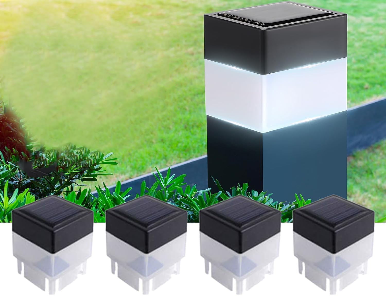 OUYANGL Solar LED 2In x 2In(5cm x 5cm) Fence Post Cap for Wrought Iron and Aluminum or Garden, Solar Fence Lights White Light -4 Pack