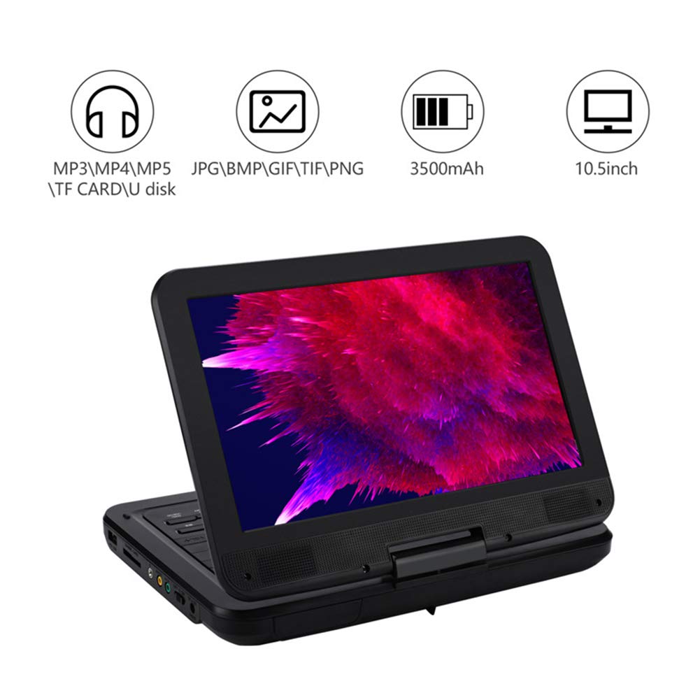 Portable DVD Player with 10.1" High-Definition Swivel Screen, Built-In 5 Hours Rechargeable Battery, Stereo Sound, Region Free,Support USB/SD/AV Out And IN