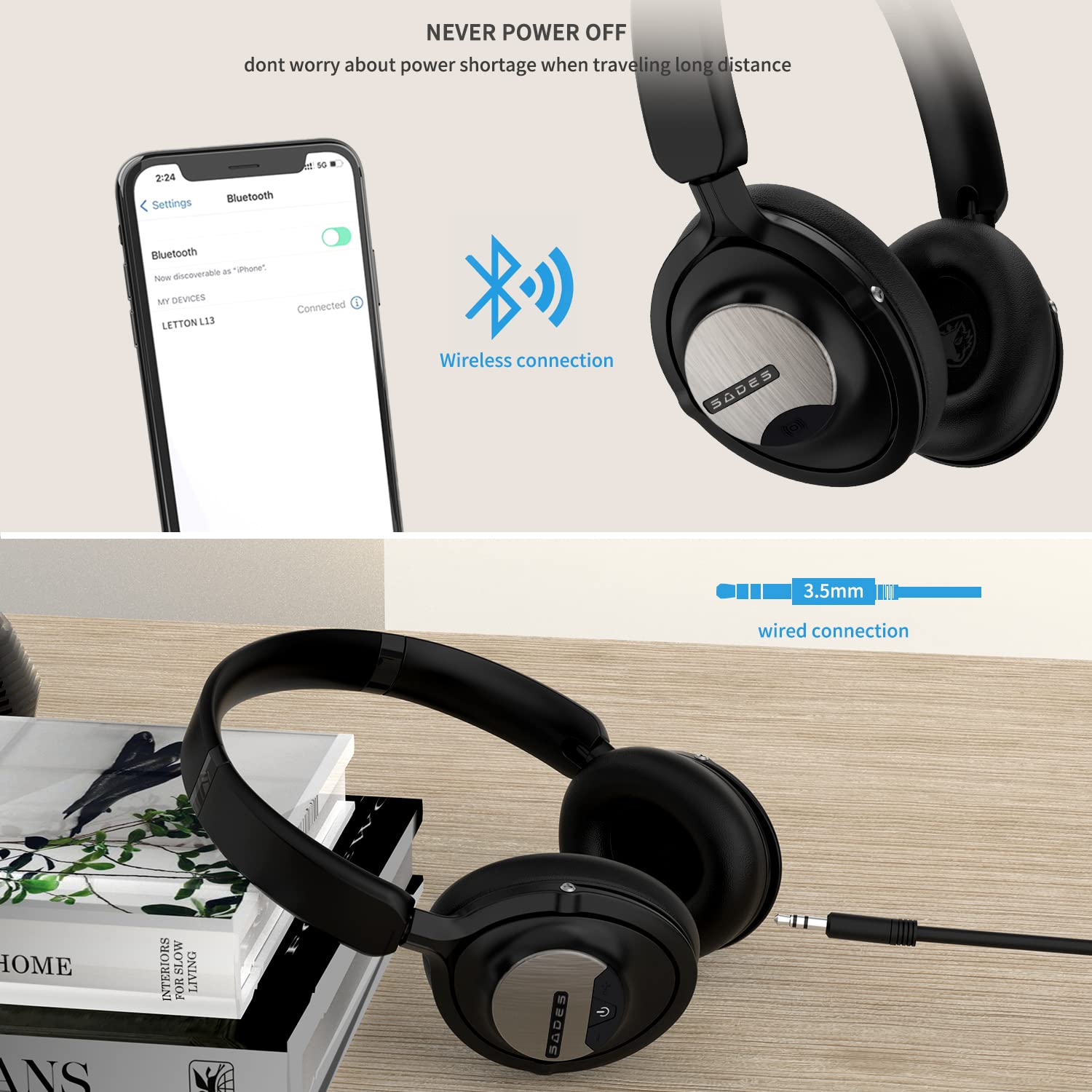 Wireless Headphones Bluetooth, SADES Wireless Over Ear Noise Cancelling Bluetooth Stereo Wired Bass Gaming Headset for PS5 PS4 PS4 Pro Xbox Nintendo Switch Travel Home Office
