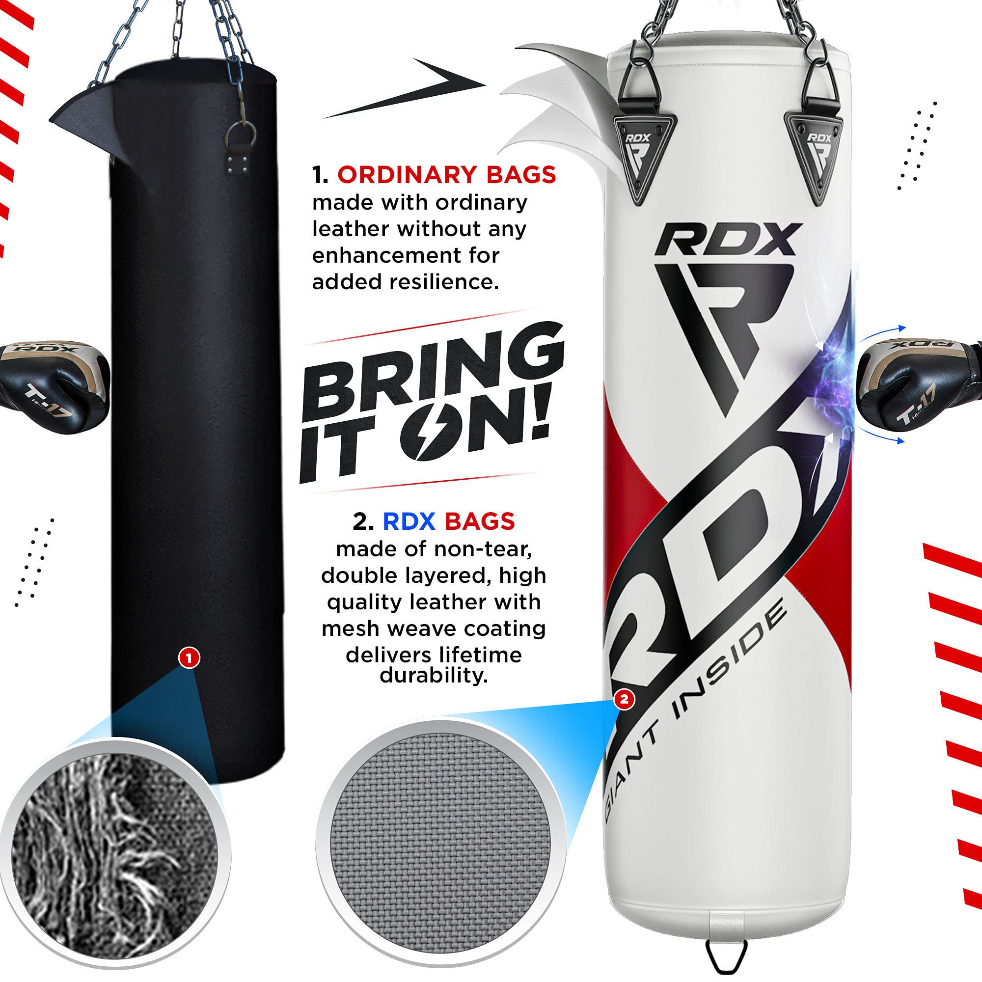 RDX Punching Bag UNFILLED Set Muay Thai Training Gloves with Punch Mitts Hanging Chain, Great for MMA, Kick Boxing, Martial Arts, 4PC Available in 4FT 5FT