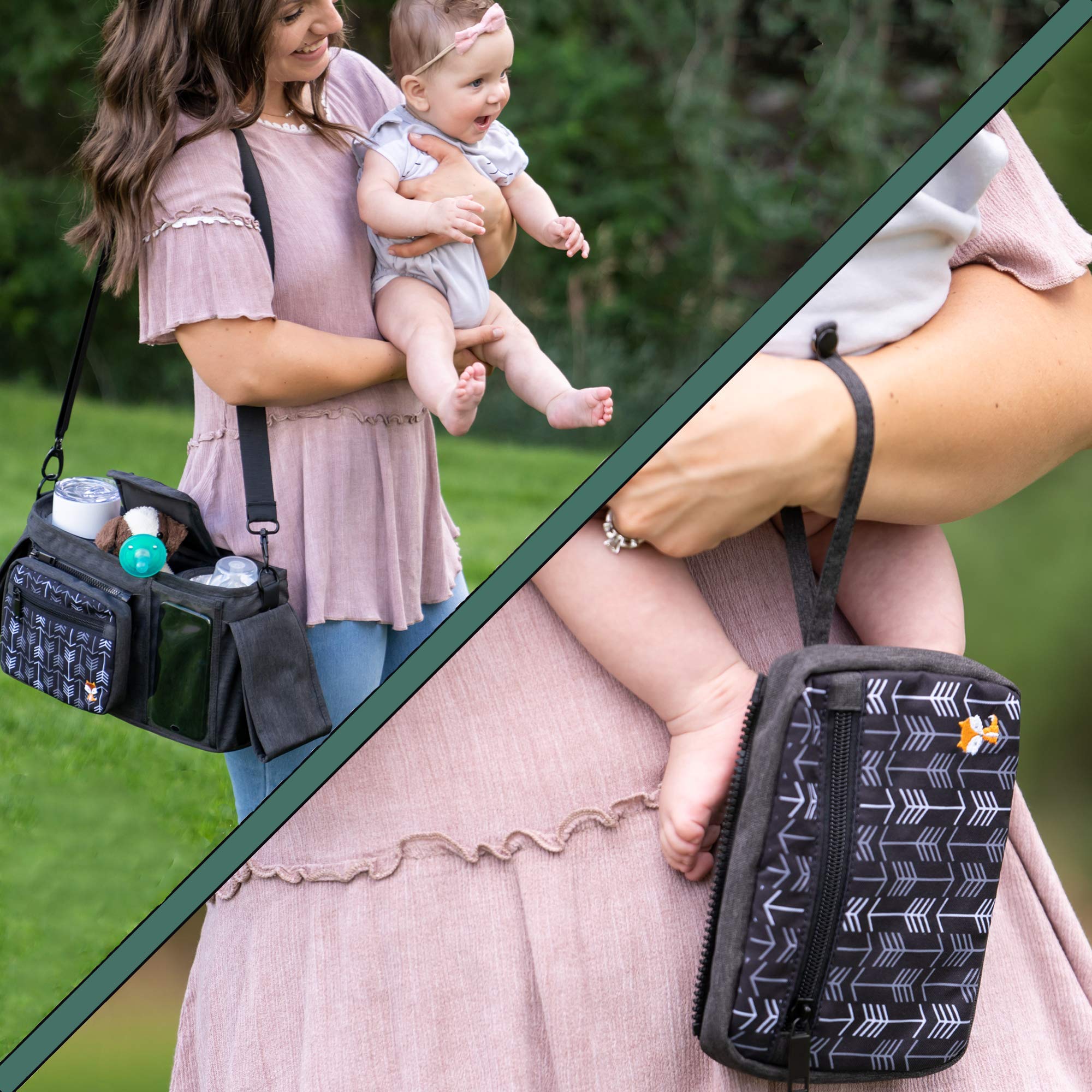 OmniKit Baby Stroller Organizer with LARGE Smart Phone Holder by Lil Fox. Stroller Bag Bottle and Stroller Cup Holder, Stroller Caddy for Baby Things. Stroller Accessories, Unisex Baby Shower Gifts