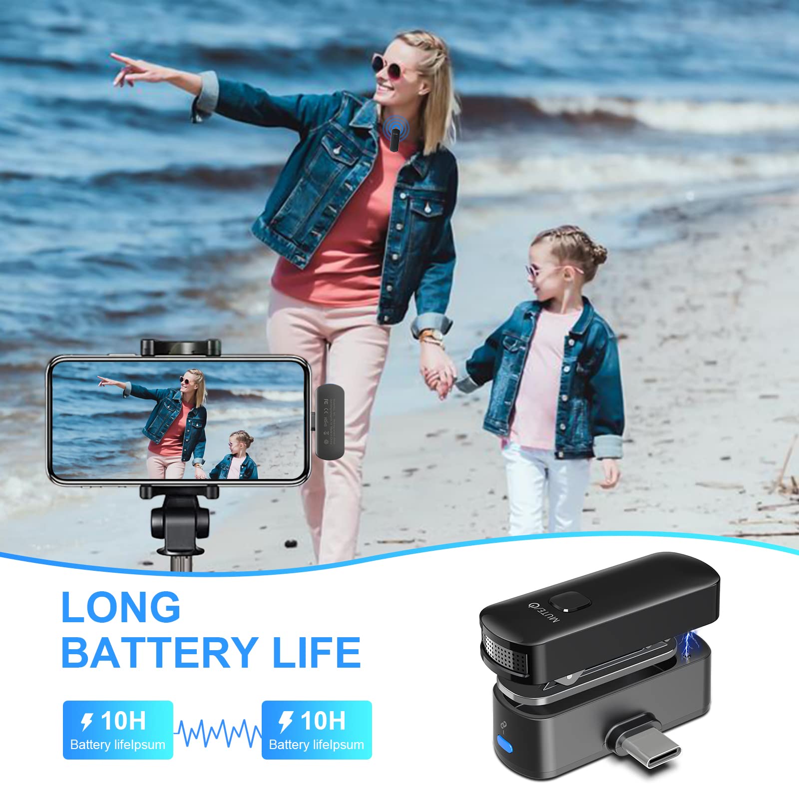 Wireless Lavalier Lapel Microphone Mics Condenser Microphone for iPhone, iPad, Android,Plug-Play 2.4G Ultra-Low Delay Noise Reduction 10H Working Time 230FT for Interview Video Podcast Vlog YouTube
