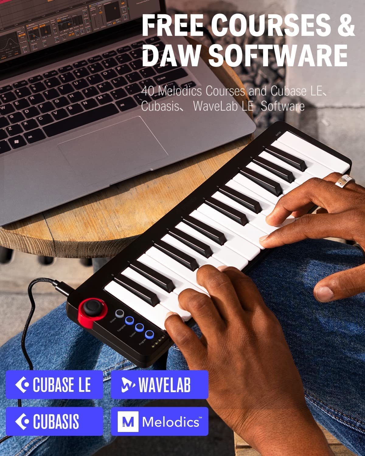 USB MIDI Keyboard Controller 25-Key, Donner N-25 with Velocity-Sensitive Mini Keys & Light-up Rocker and Music Production Software Included, for Mac/PC, Small MIDI Keyboard with 40 Free Courses