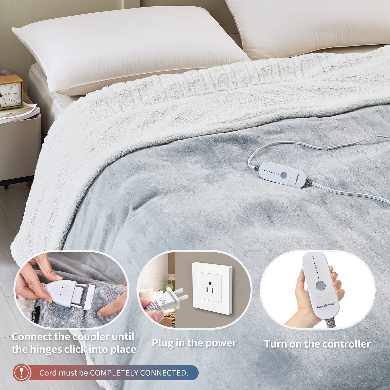 Maple&Stone Heated Blanket Electric Queen Flannel Sherpa Fast Heating Electric Blanket,5 Heat Settings Heating Blanket & 10 Hours Auto-Off Timing Settings (84 x 90 inches，Pink)