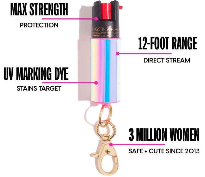 Pepper Spray Maximum Strength Self Defense Keychain for Women, 12-foot Spray Range & UV Dye - Holographic 2 Count