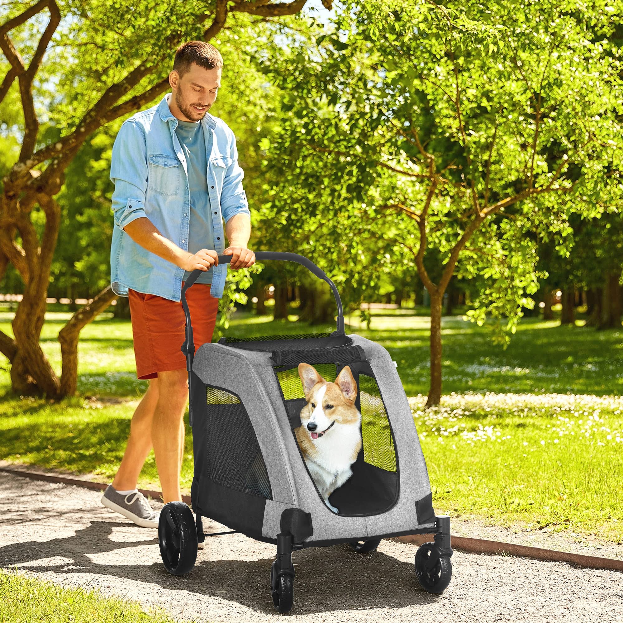 PawHut Pet Stroller Universal Wheel with Storage Basket Ventilated Oxford Fabric for Medium Size Dogs, Gray
