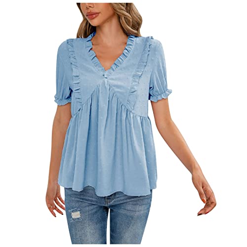 Women's Summer Plain Short Sleeve Tunic Tops Baggy Work T Shirt Loose Vacation Tops Casual Tops Blue