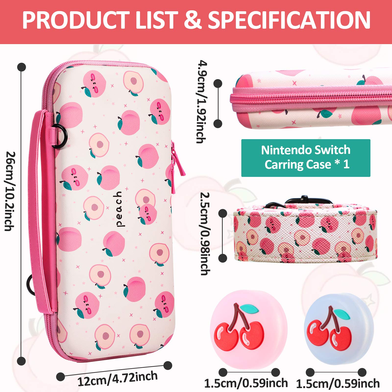 Peach Patterns Hard Shell Travel Carrying Case Portable and Protective Case with 2 Pieces Thumb Grip Caps Compatible with Nintendo Switch Accessories [Video Game]