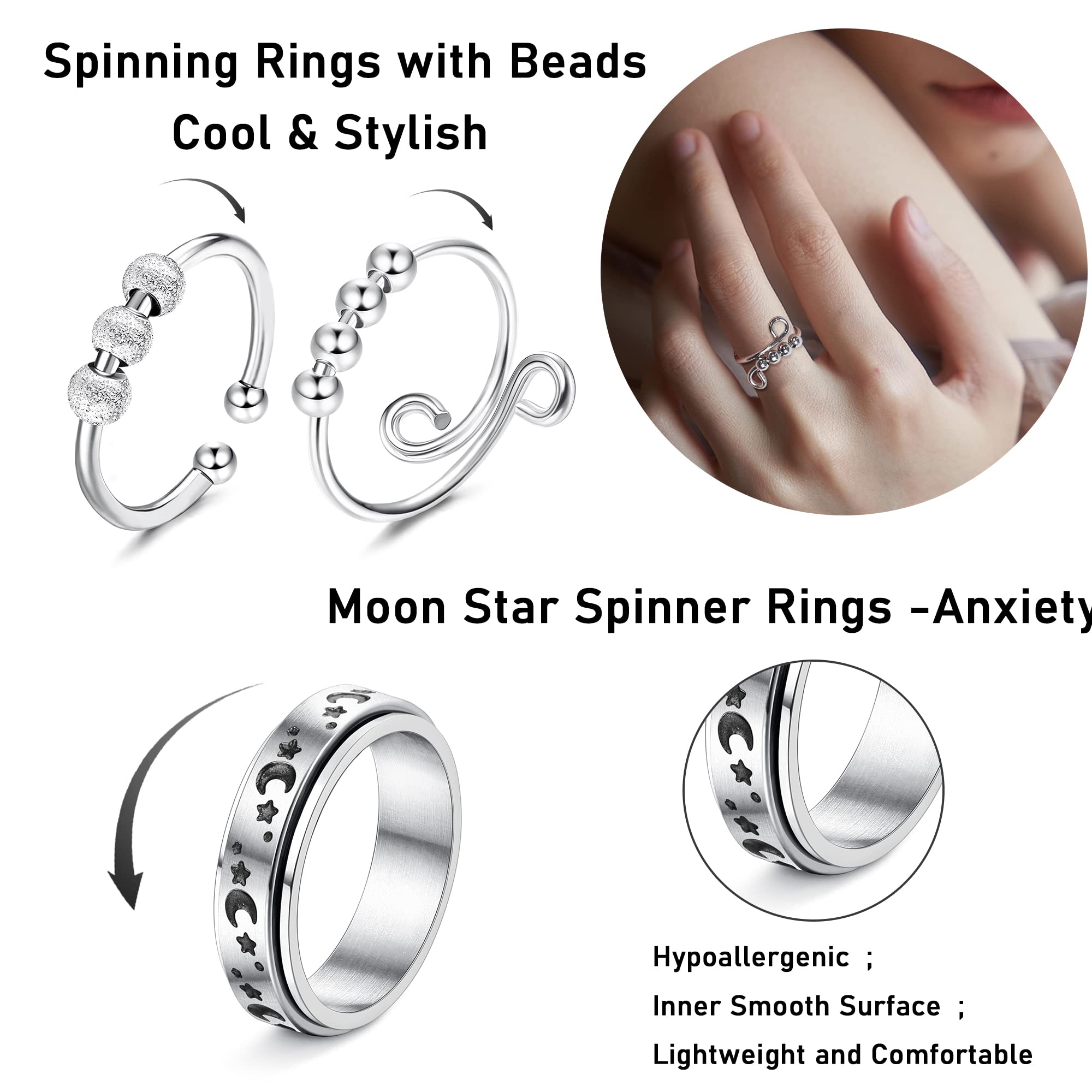 RnBLM JEWELRY 6Pcs Fidget Ring for Women Adjustable Spinner Rings for Anxiety Moon Star Bead Cubic Zirconia Flower Stress Relief Stackable Ring Set