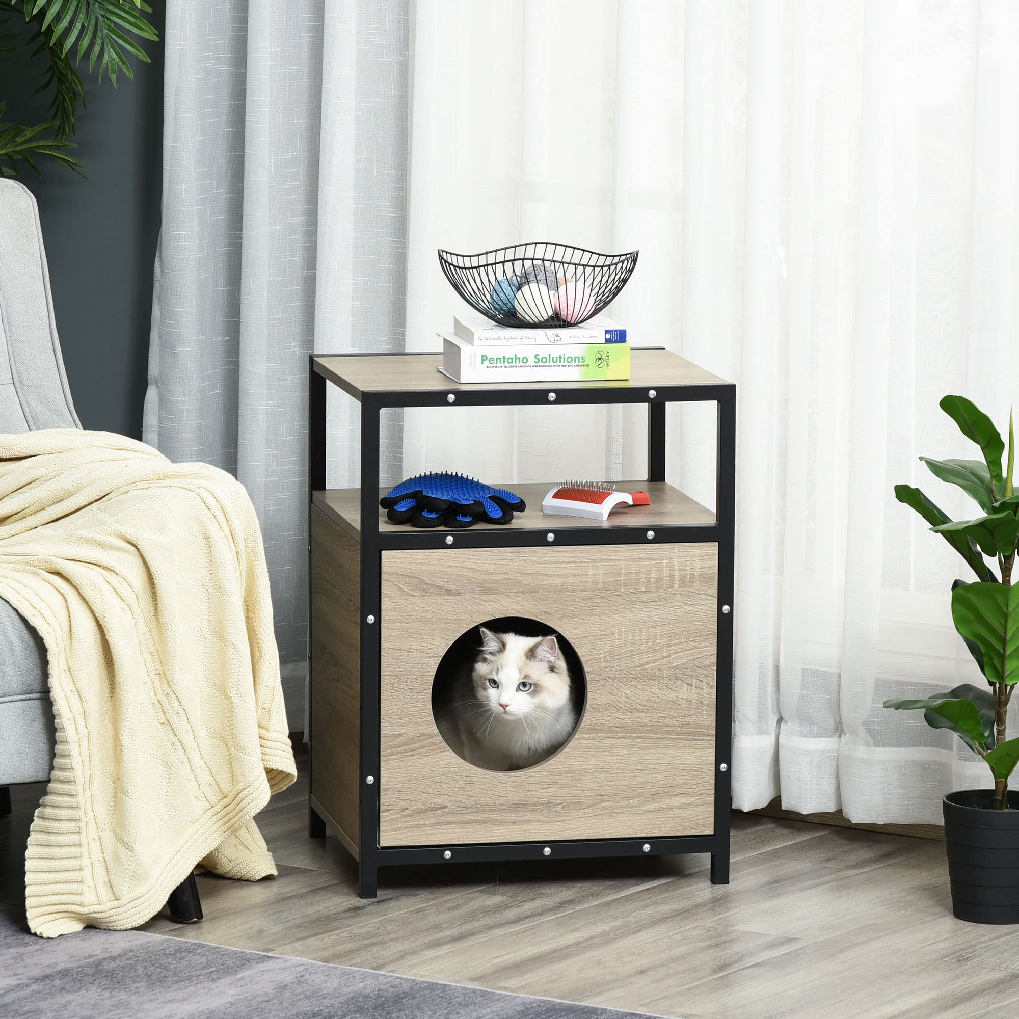 PawHut Wooden Cat House Kitten Condo Shelter Bed w/Soft Cushion Cat Litter Box Enclosure End Table Hideaway Cabinet Storage, Grey