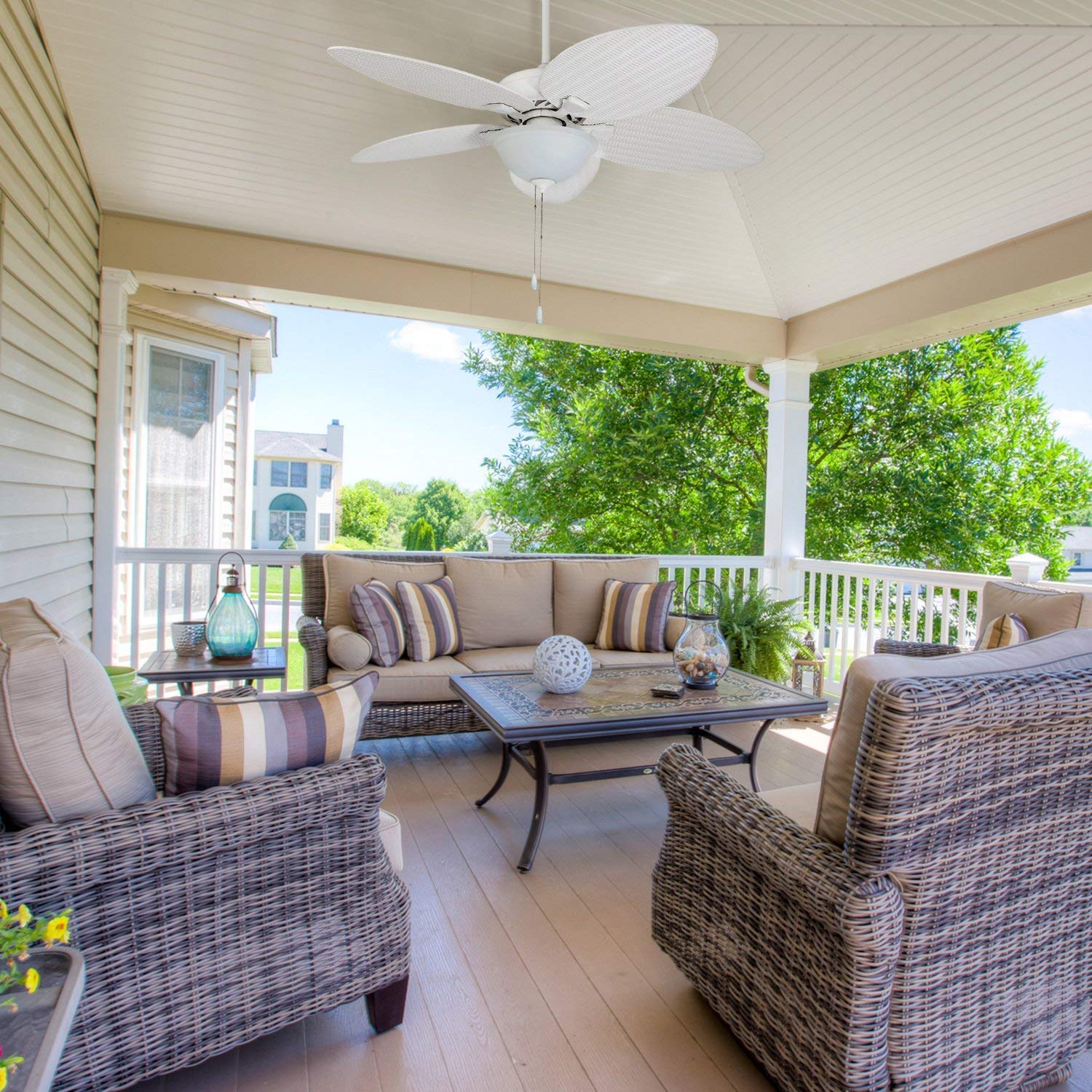 Prominence Home 80017-01 Palm Valley Tropical Ceiling Fan with Palm Leaf Blades, Indoor/Outdoor, 52 inches, White (Renewed)