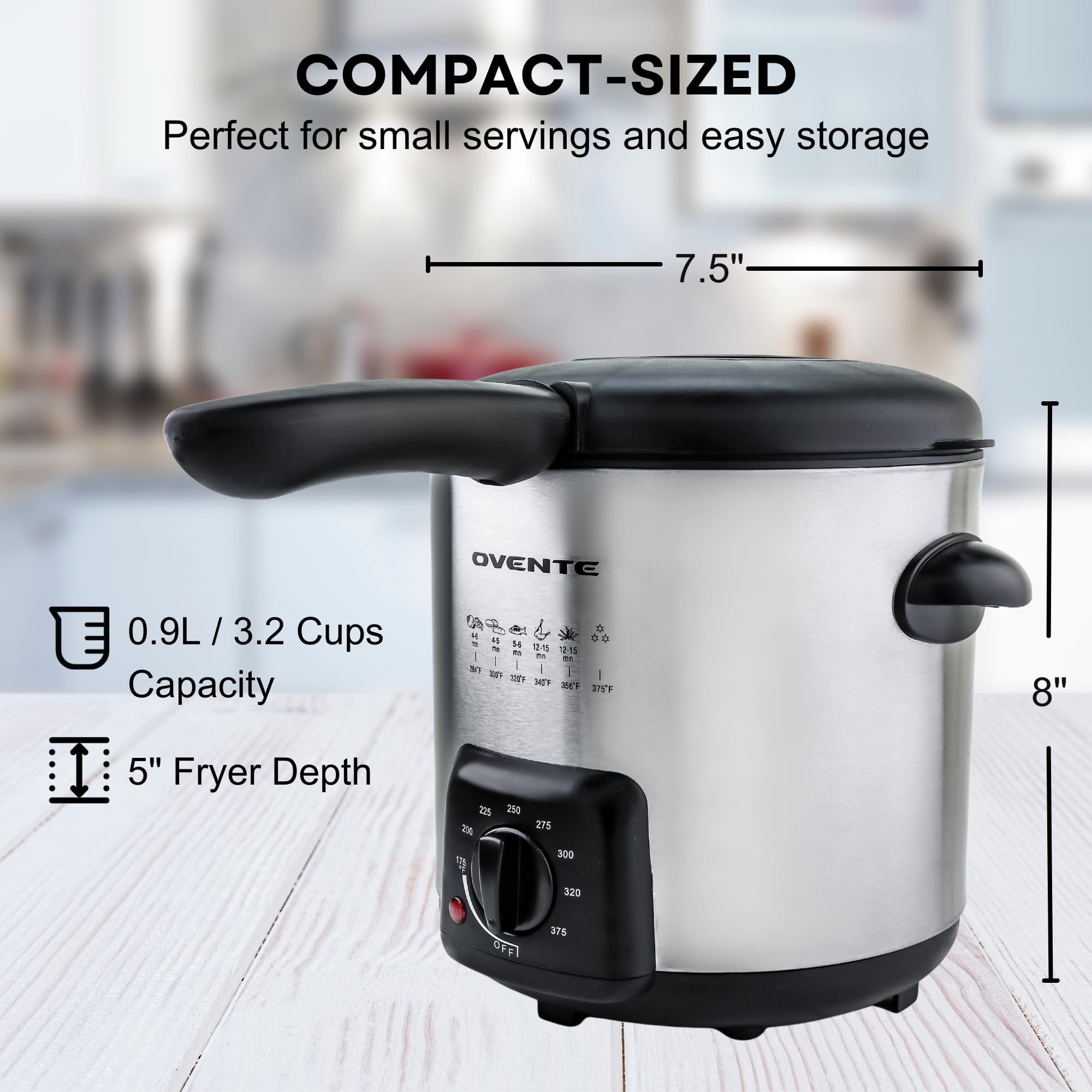 OVENTE Electric Deep Fryer 0.9 Liter Capacity, 840W Power with Locking Lid, Removable Stainless Steel Frying Basket, Adjustable Temperature Knob, Cool Touch Handles and Easy to Clean, Silver FDM1091BR