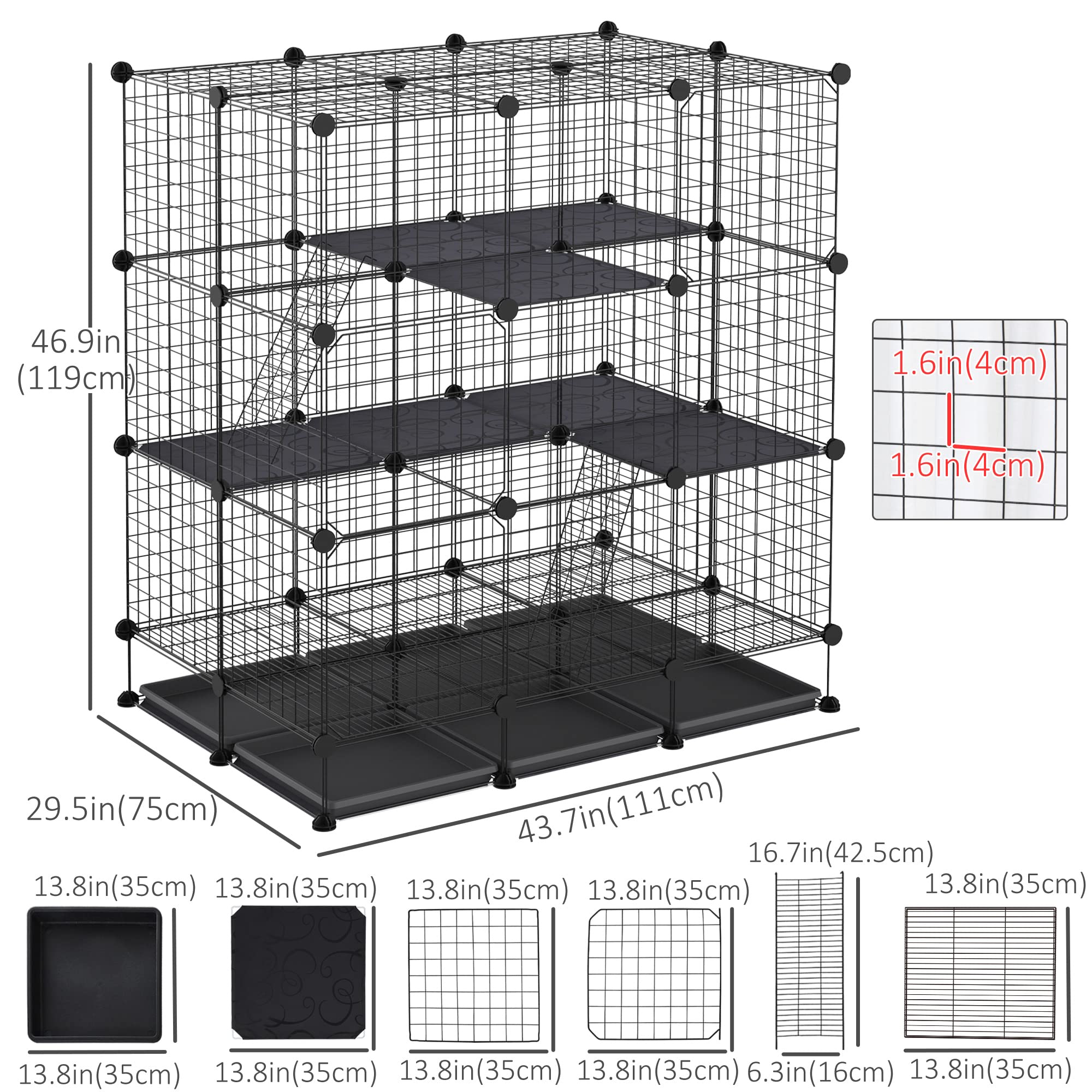 PawHut Small Animal Playpen C&C Cage Wire Bunny Pen for Kitten, Chinchillas, with Doors, Ramps and Trays, Black
