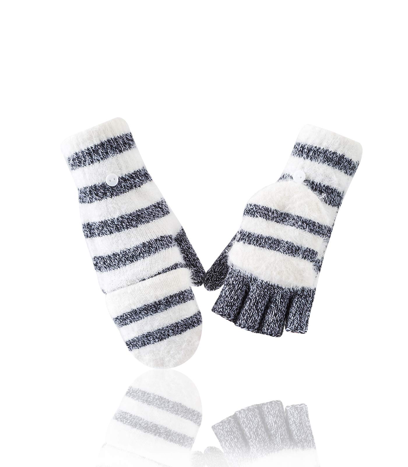 REACH STAR Winter Knitted Convertible Fingerless Gloves Warm Mitten Glove for Women Half Finger Flip Top Thermal Texting(Black)
