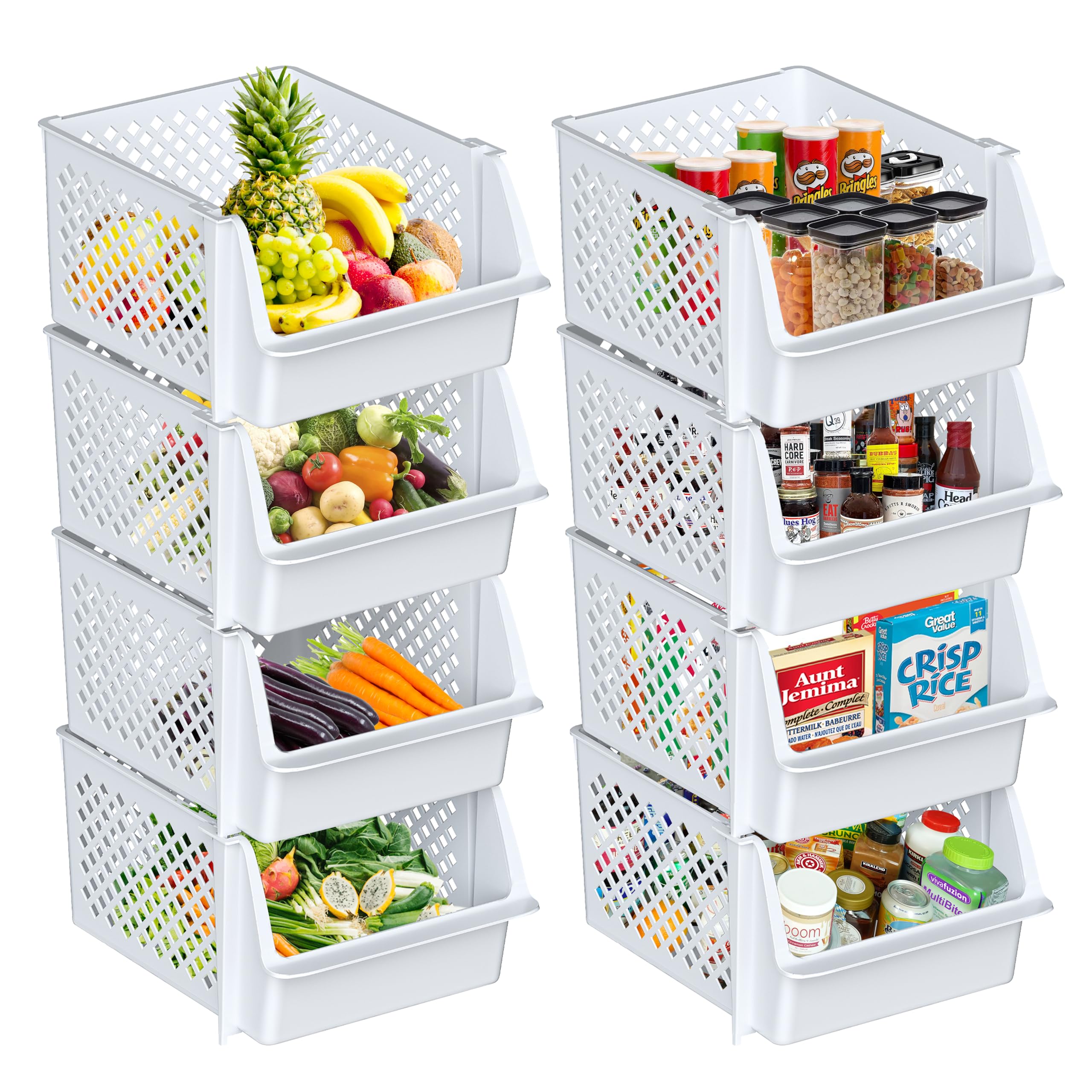 Skywin Stackable Storage Bins for Pantry - 8 Pack Stackable Bins For Organizing Food, Kitchen, and Bathroom Essentials (White)