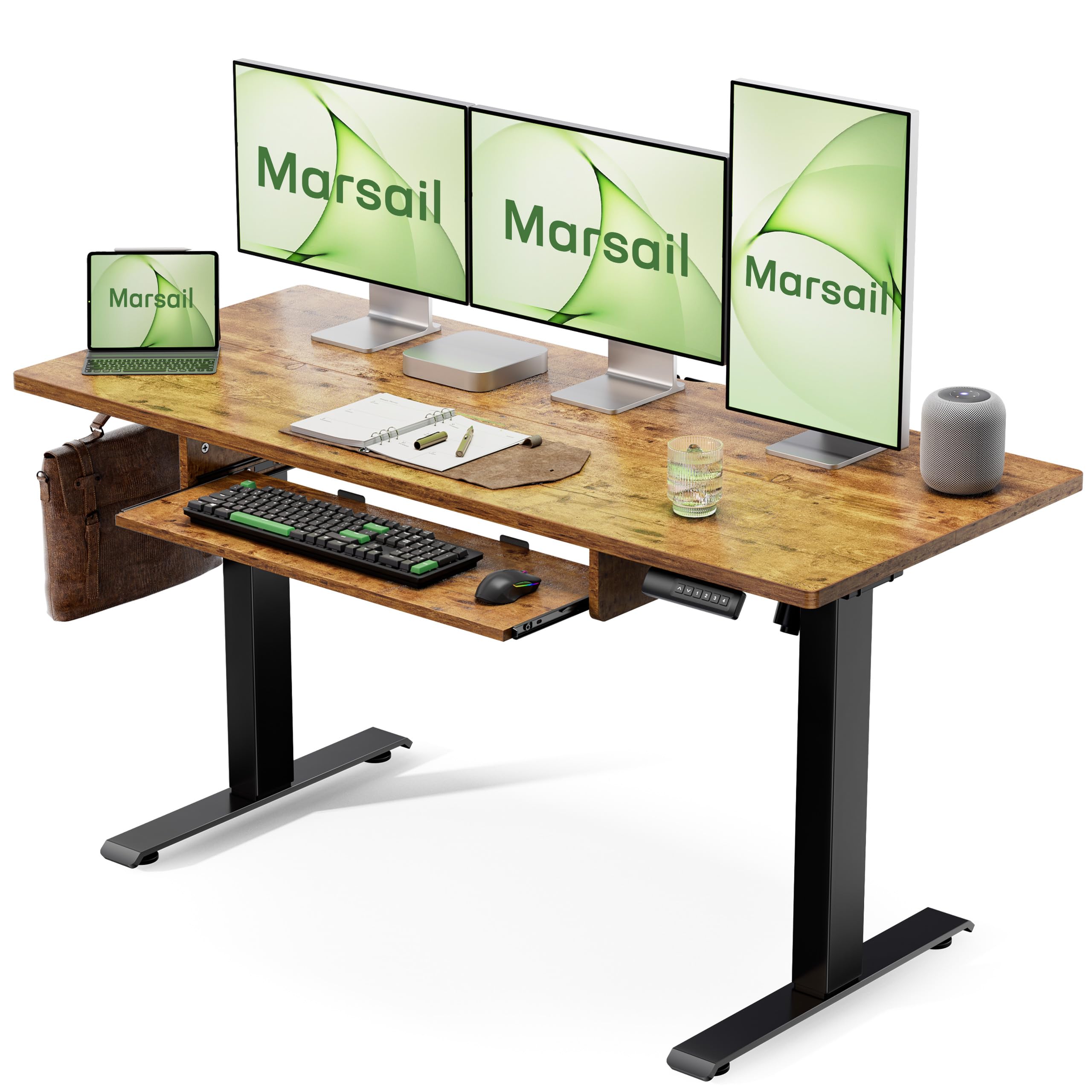 Marsail Standing Desk Adjustable Height with Full Size Keyboard Tray, 55" Electic Adjustable Desk with 4 Memory Presets Cable Management 2 Storage Hooks, Sit Stand Up Desk for Home Office, Vintage