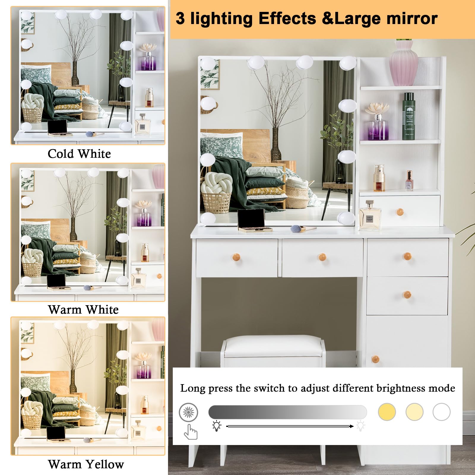 Logimiz Vanity Desk with Mirror and Lights-3 Colors and Brightness Adjustable, Girls Makeup Vanity with Hiding Shelves, White Vanity Set with Cabinets, Drawers and Cushioned Stool