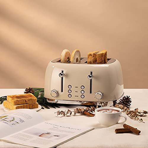REDMOND 4 Slice Toaster Retro Stainless Steel Toasters with Bagel Defrost Cancel Function, 6 Browning Settings, Cream, ST033 WT-340C