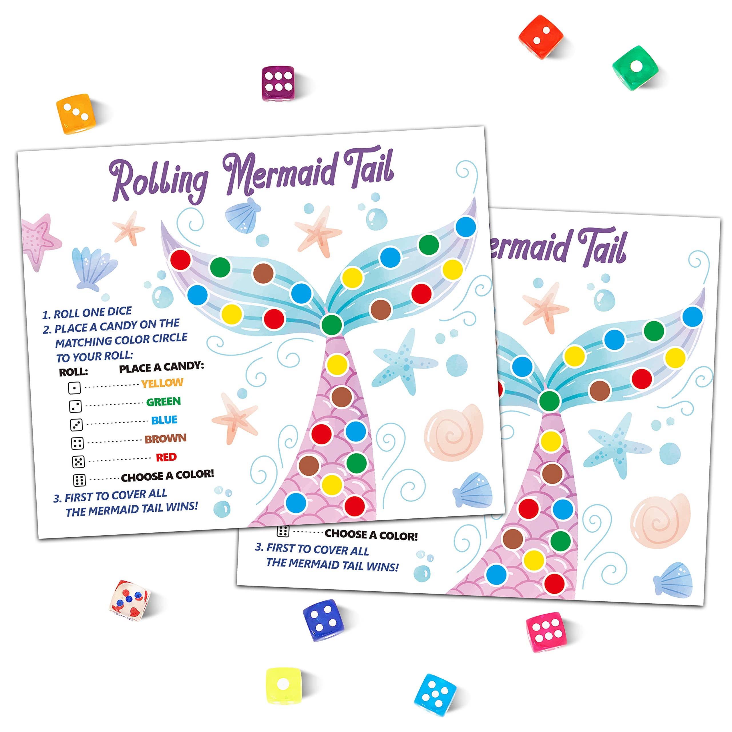 Roll The Dice Game, Baby Shower and Birthday Party Party Kids Table Game, Rolling Mermaid Tail, 20 Play Cards 20 Colored Dices (ONE-b12)