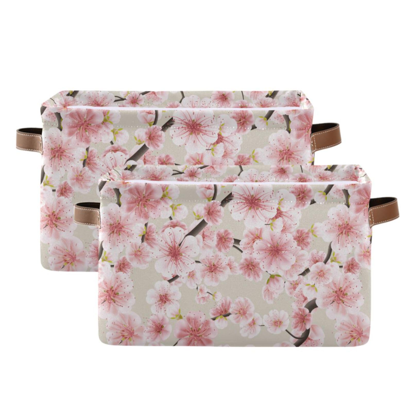 Pink Blossom Japanese Storage Basket Bins Foldable Toy Baskets Organization with Handles Laundry Hamper for Office Bedroom Clothes Bedroom Living Room,2 pcs