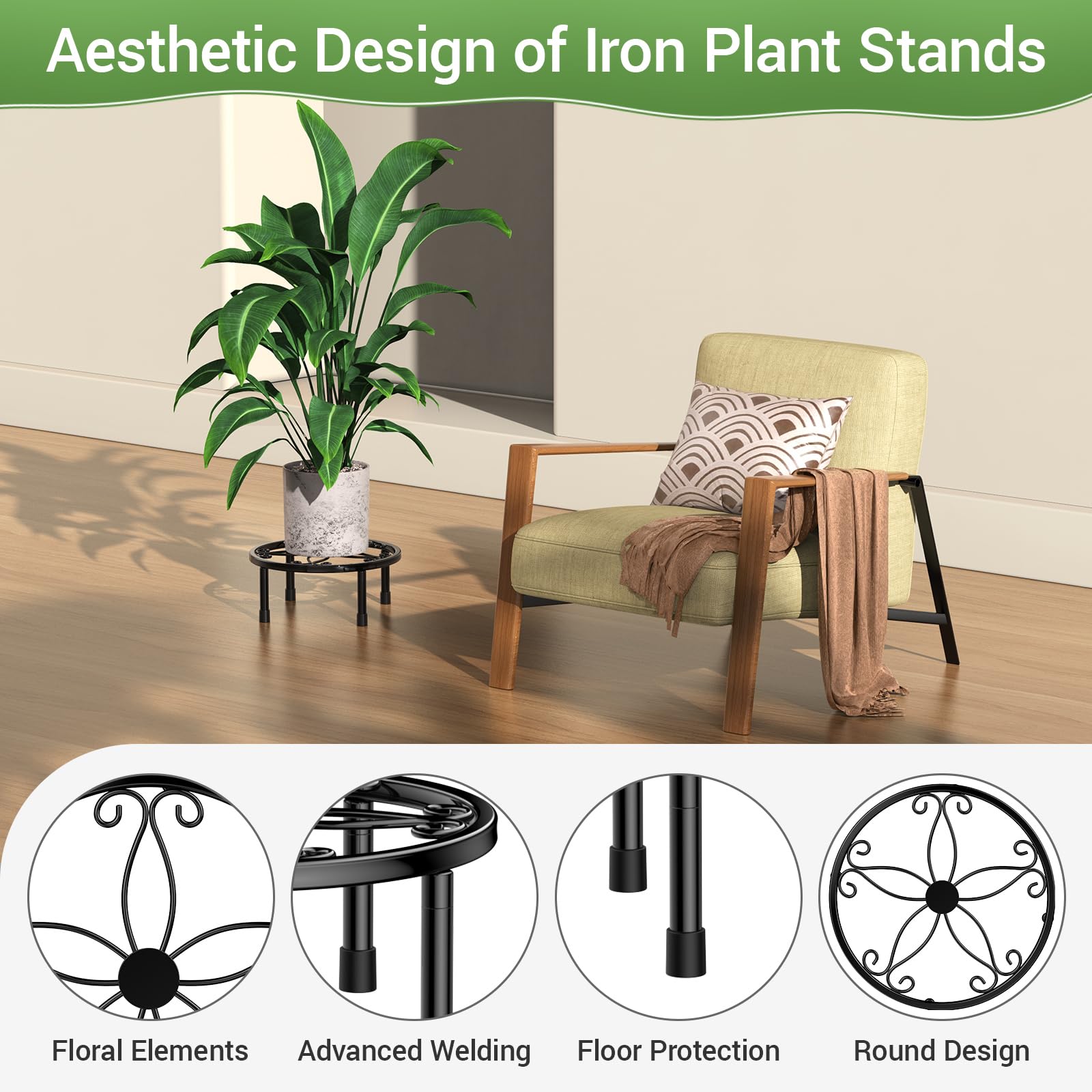 MTCode Metal Plant Stand, 5 Pack Plant Stands for Indoor Outdoor, Flower Pot Stands for Plants, Heavy Duty Planter Stand, Rustproof Iron Round Plants Stand for Home, Garden Decor