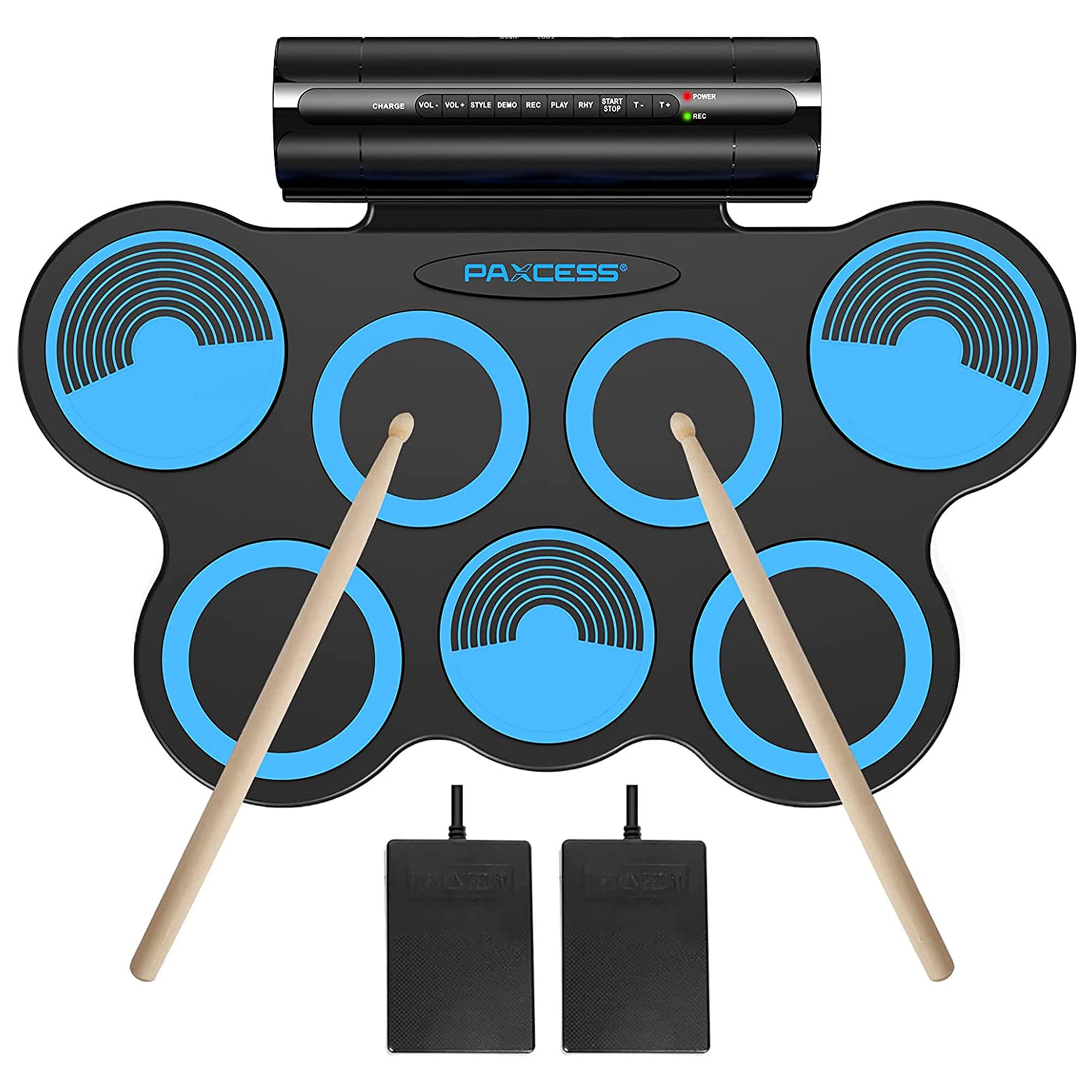 PAXCESS 7 Pad Portable Electronic Drum Set with Headphone Jack, Built-in Speakers, Drum Stick, Foot Pedals, Rechargeable Battery, and Charger