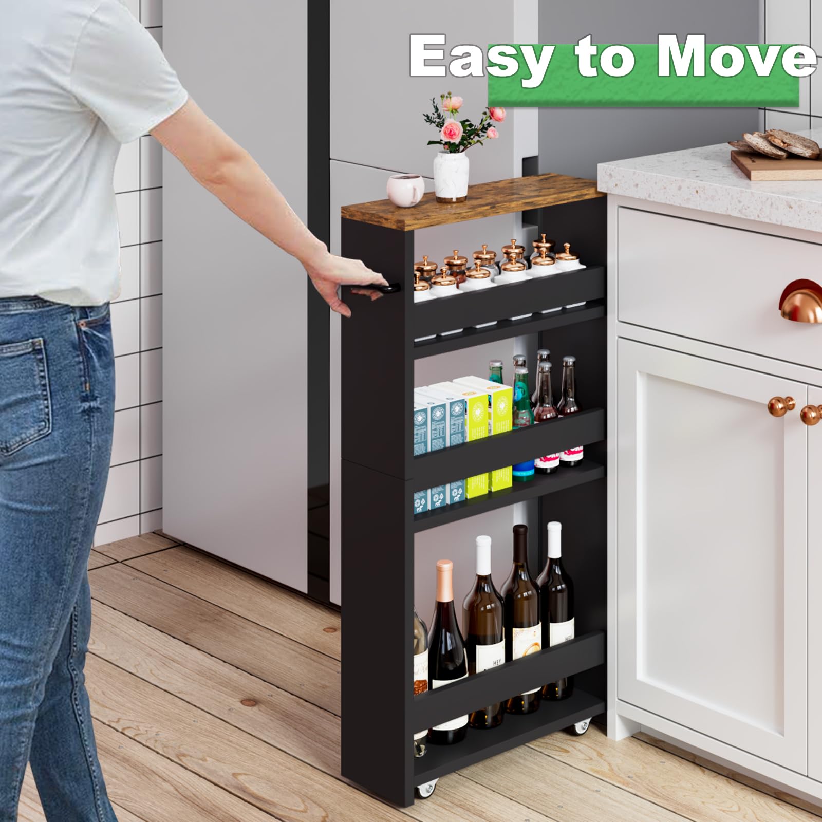 MARTY Rolling Storage Cart 4-Tier Black Kitchen Cart on Wheels, Slim Storage Cart with Handle Slide Out Utility Cart Shelving Unit Organizer Trolley for Laundry Narrow Places Bathroom Small Corner