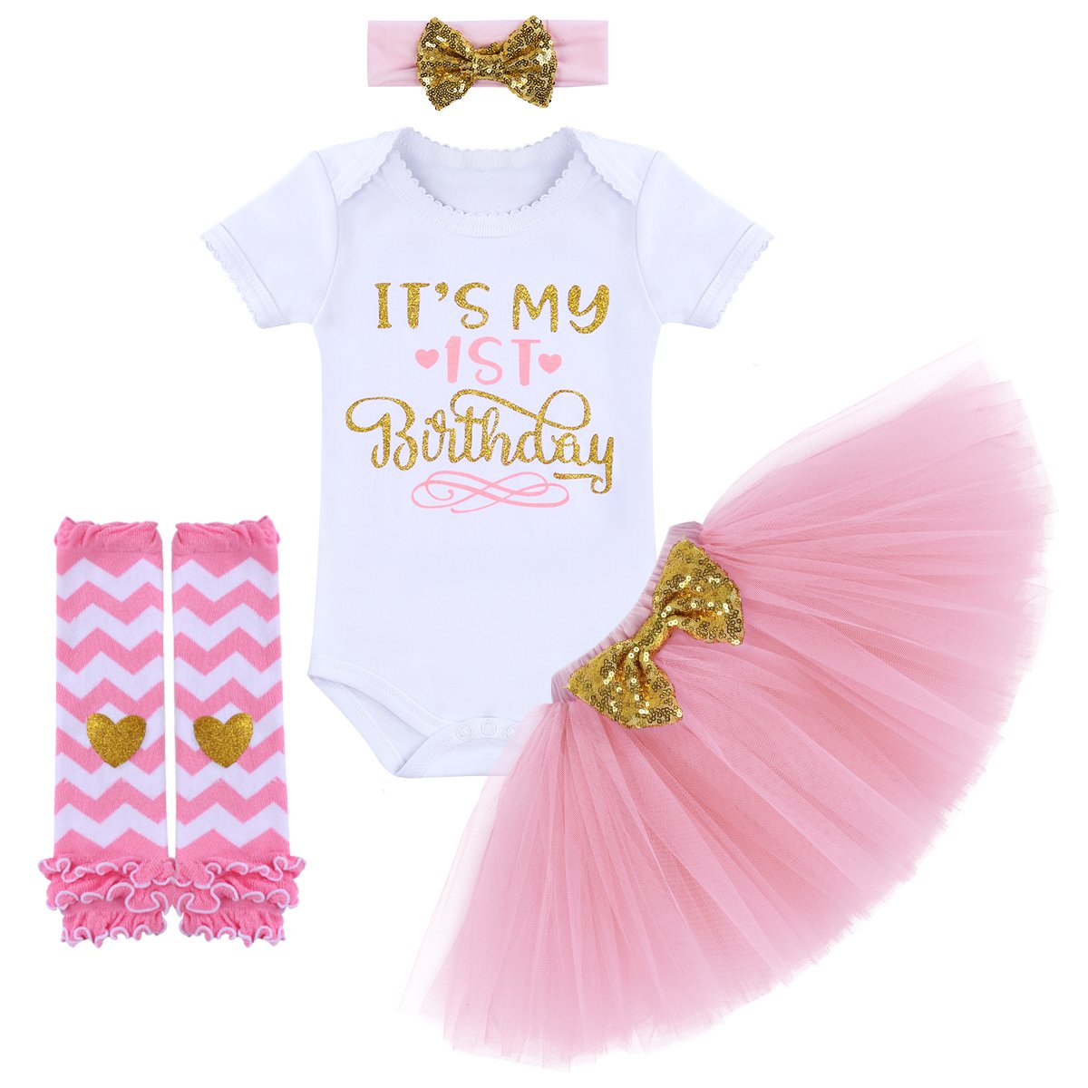 ODASDO It’s My 1st Birthday Outfit Newborn Infant Baby Girl First Birthday Cake Smash Set One Year Party Princess Dress Bodysuit Romper + Tutu Skirt + Sequin Bowknot Headband + Leg Warmers Pink