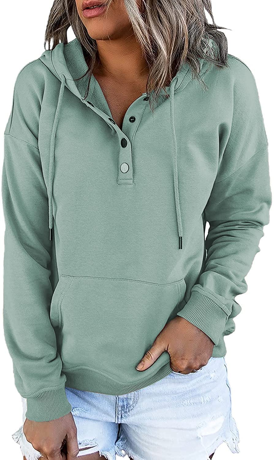 PRETTYGARDEN Women's Button Down Hoodies Long Sleeve Casual Drawstring Pullover Sweatshirts With Pockets(Large,Mint Green)