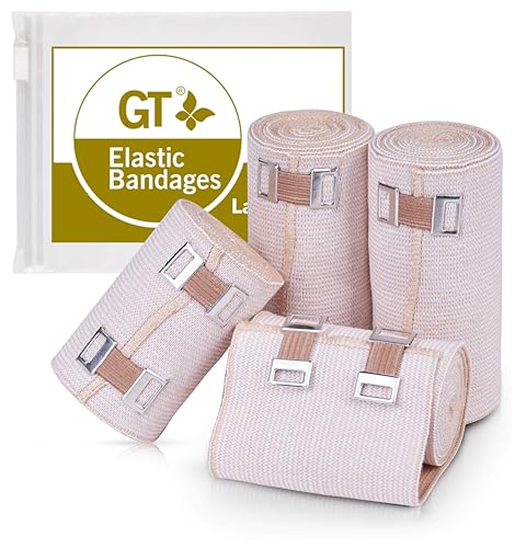 Premium Elastic Bandage Wraps (4" 2pack & 3" 2Pack) Metal Clip Fasteners - GT Latex Free Roll for Sprains & Injuries