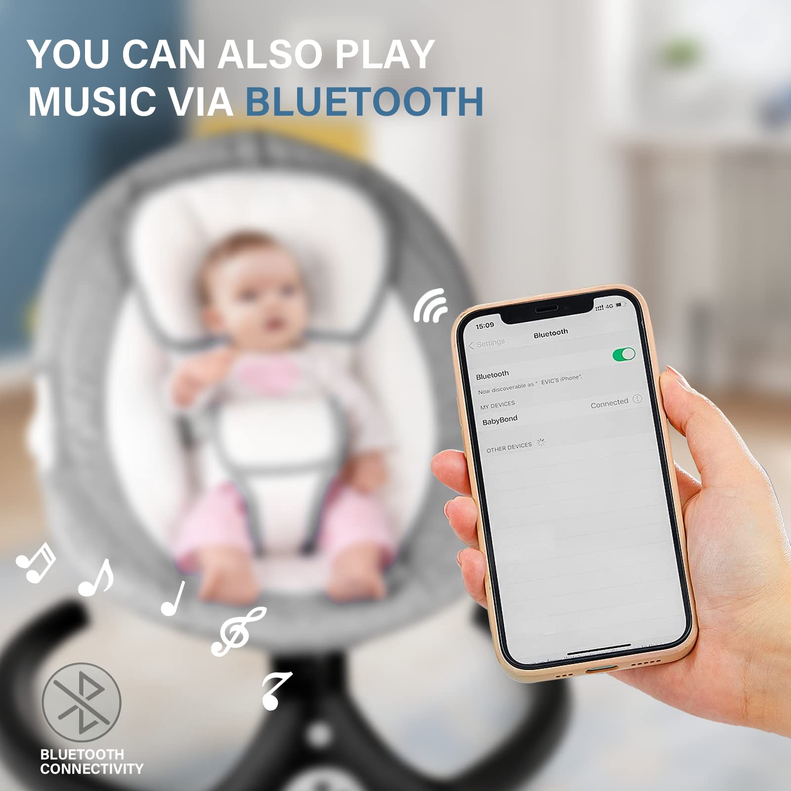 MISSAA Baby Swing for Infants, Bluetooth Electric Bouncer for Babies with 5 Sway Speeds, 3 Seat Positions, 12 Music, Remote Control, Gray