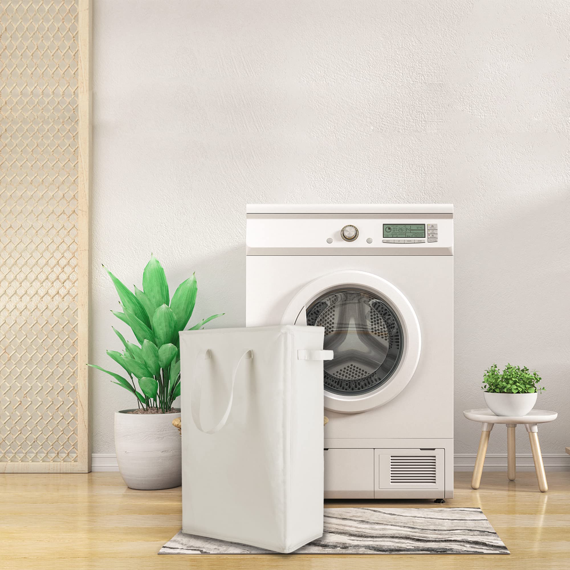 Odonata Slim Laundry Hamper Handles Collapsible Laundry Basket Thin Dirty Clothes Basket Narrow Laundry Bag Foldable Dirty Hamper 45L (Beige)