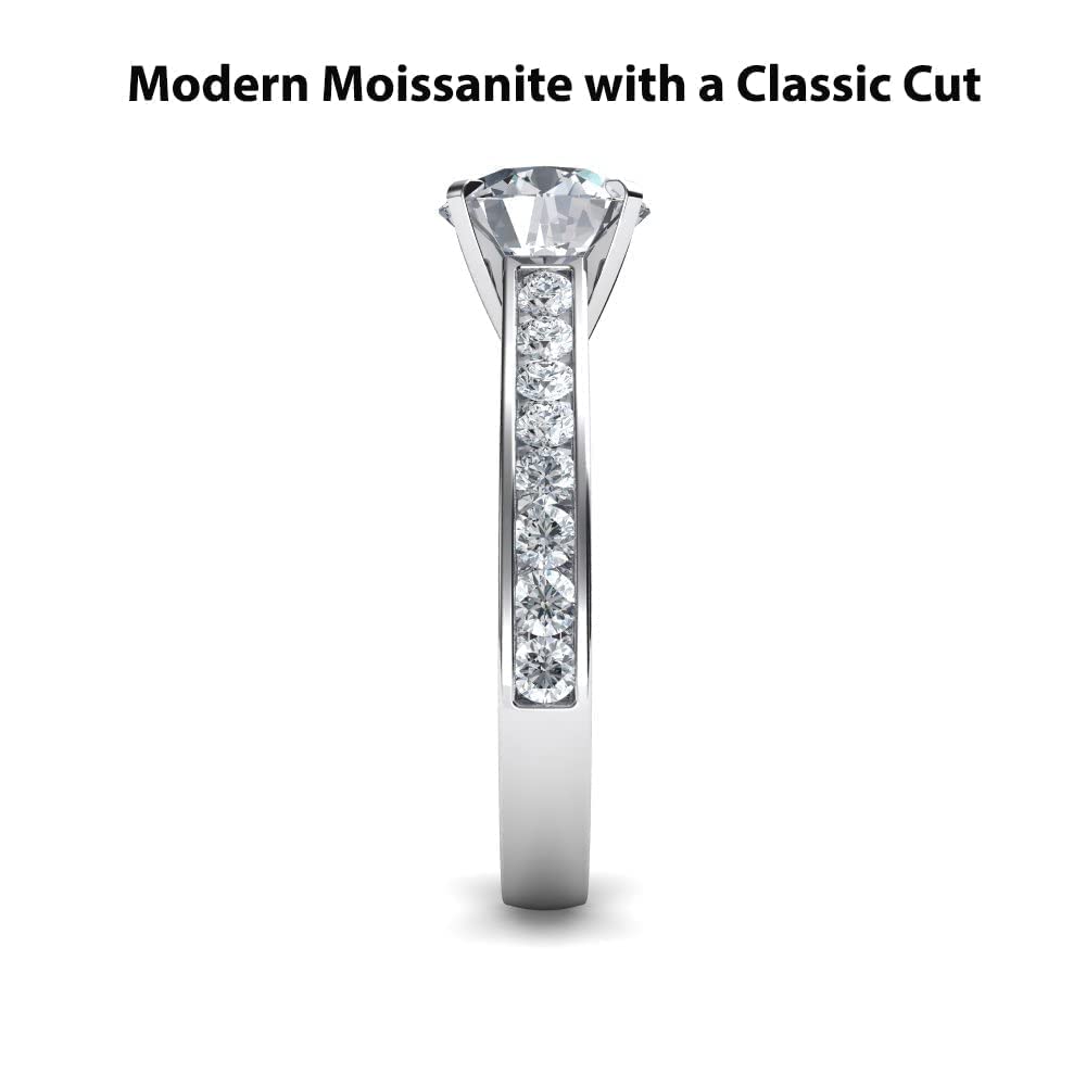 PREVELI 1.0ct-2.0ct Moissanite Channel-set ENGAGEMENT RING & WEDDING BAND BRIDAL SET in Platinum Plated Silver SIZE 5.5