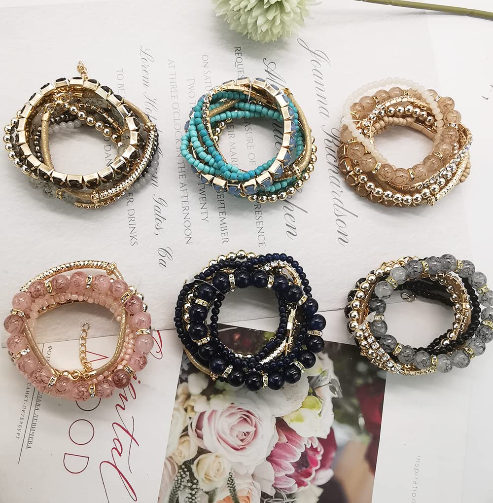SAMOCO 4-6 Sets Bohemian Stackable Bead Bracelets for Women Multicolor Stretch Beaded Bracelets Layered Bead Adjustable Bracelet Pink Black Turquoise Stretch Bracelets