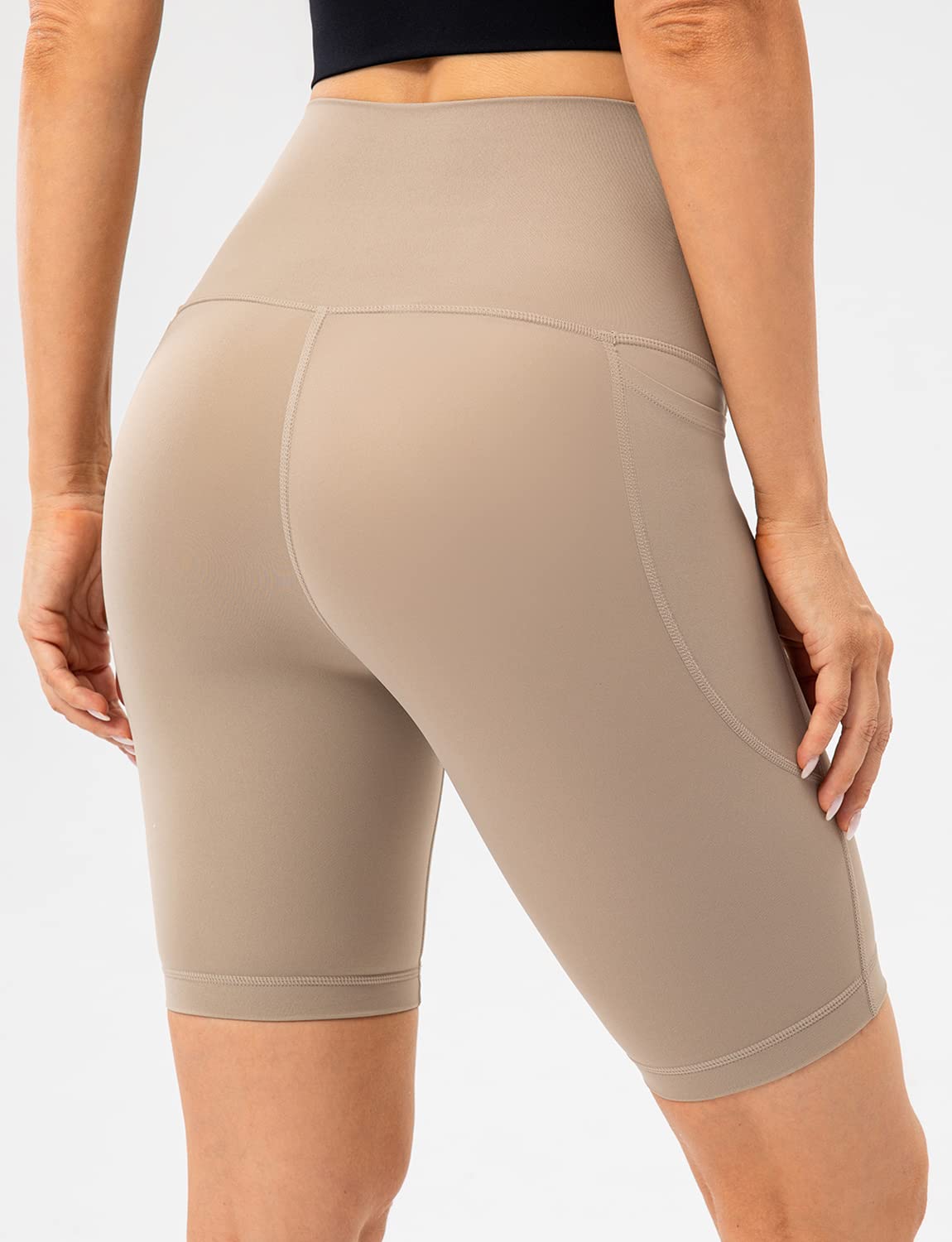 Ukaste Women's Studio Essential High-Rise Yoga Shorts with Pockets 8" - Buttery Soft Workout Active Shorts (Khaki, 6)