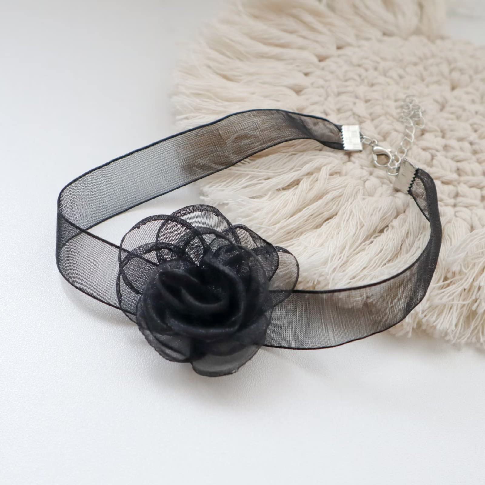 Todu Lace Flower Choker Necklace Bohemian Soft White Flower Tie Cravat Necklace Wedding Jewelry Gift For Women (1pc,Black)