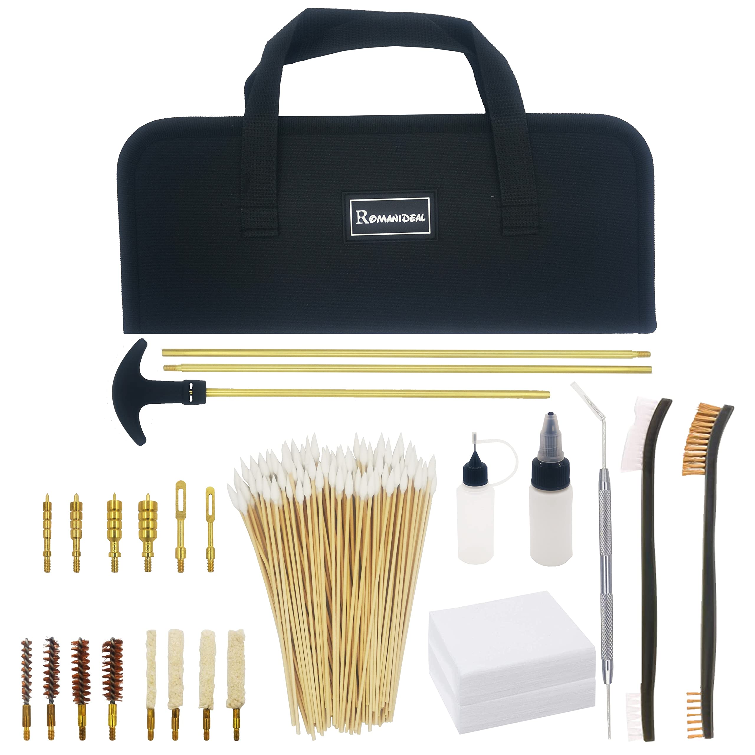 Romanideal Universal Gun Cleaning Kit 25 Pieces .22.30 9mm .45 Caliber Gun Cleaning Brushes Copper Cleaning Rod 8-32 Thread and Other Gun Cleaning Accessories