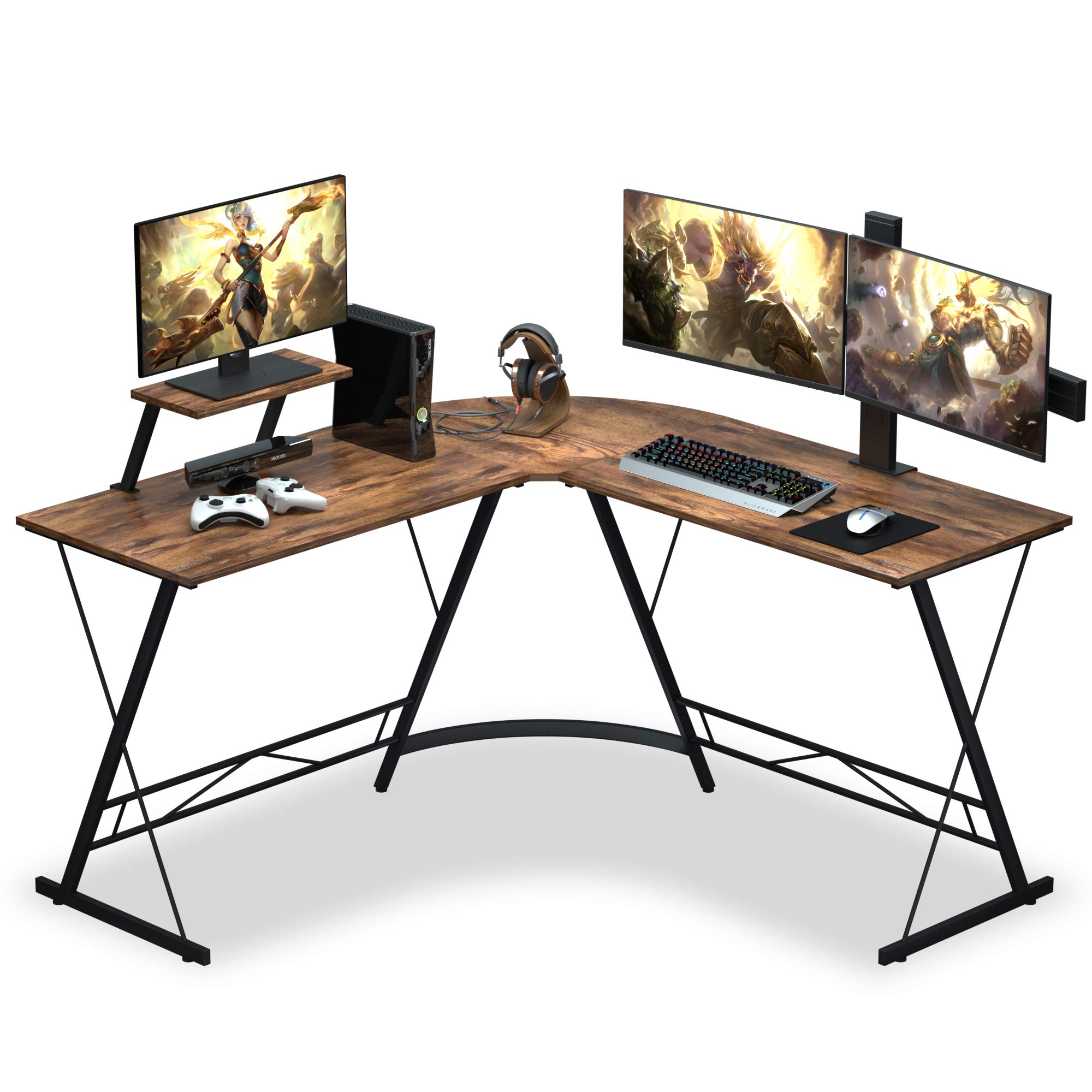 OTK L Shaped Desk with Round Corner, 51" L Shaped Gaming Desk, Corner Computer Desk Table with Large Monitor Stand for Home Office, Sturdy Writing Workstation, Relic