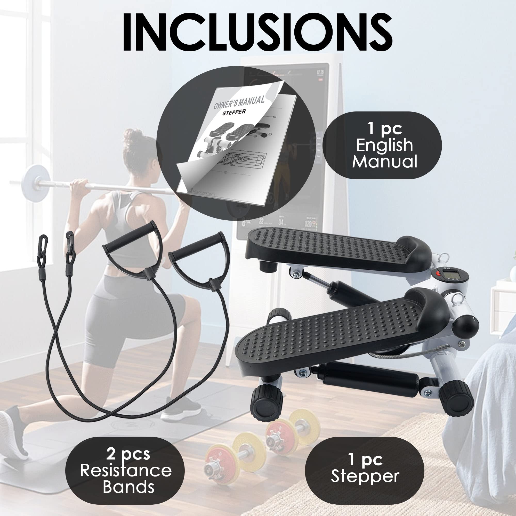 Pebble Hill Advanced Portable Stair Stepper Easy to Read Display, Resistance Bands, Non-Slip Foot Petals, Adjustable Height for Mini, Mid-Size, and Large Home or Office Gym
