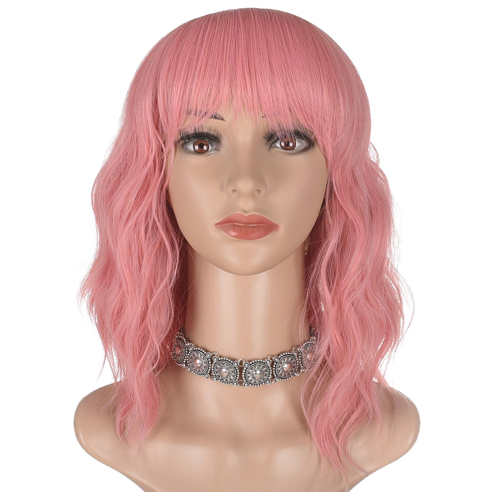 morvally Short Pink Wavy Bob Wig with Bangs for Women 16 Inches Natural Synthetic Hair Wavy Wigs