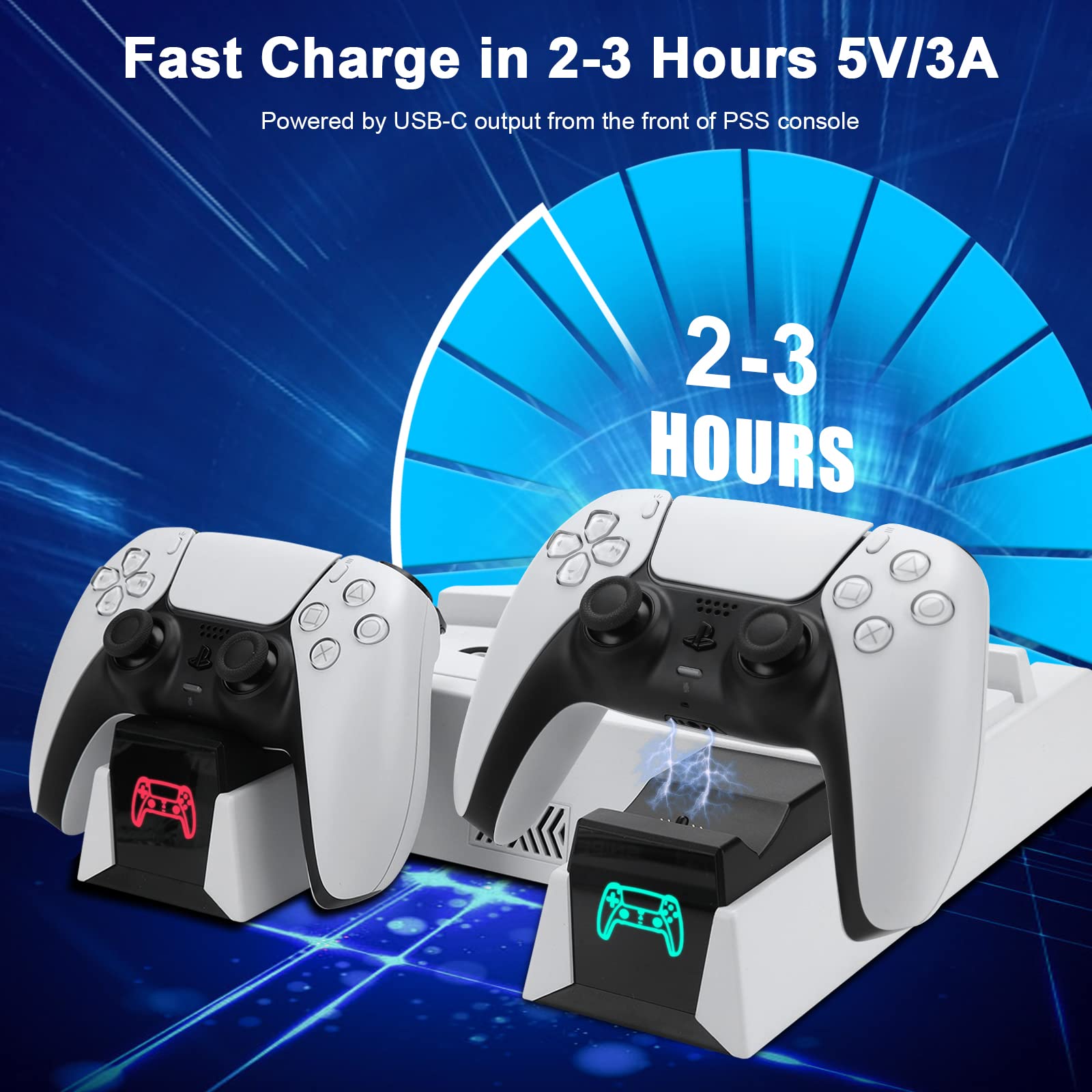 PS5 Accessories, PS5 Stand with Cooling Fan and Dual Controller Charger, Playstation 5 Digital & Disc Edition Vertical Stand, 3 Speeds Fan/Headset Holder/11 Game Slot (White)