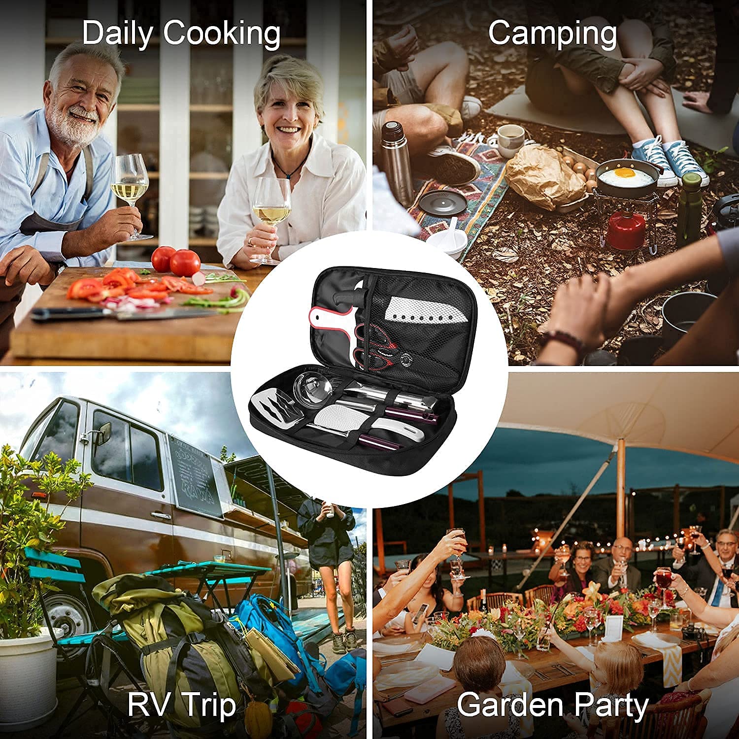 Odoland Bundle – 2 Items 10pcs Camping Cookware Mess Kit and 8 Pcs Camping Cookware Utensils Travel Set for Backpacking, Outdoor Camping