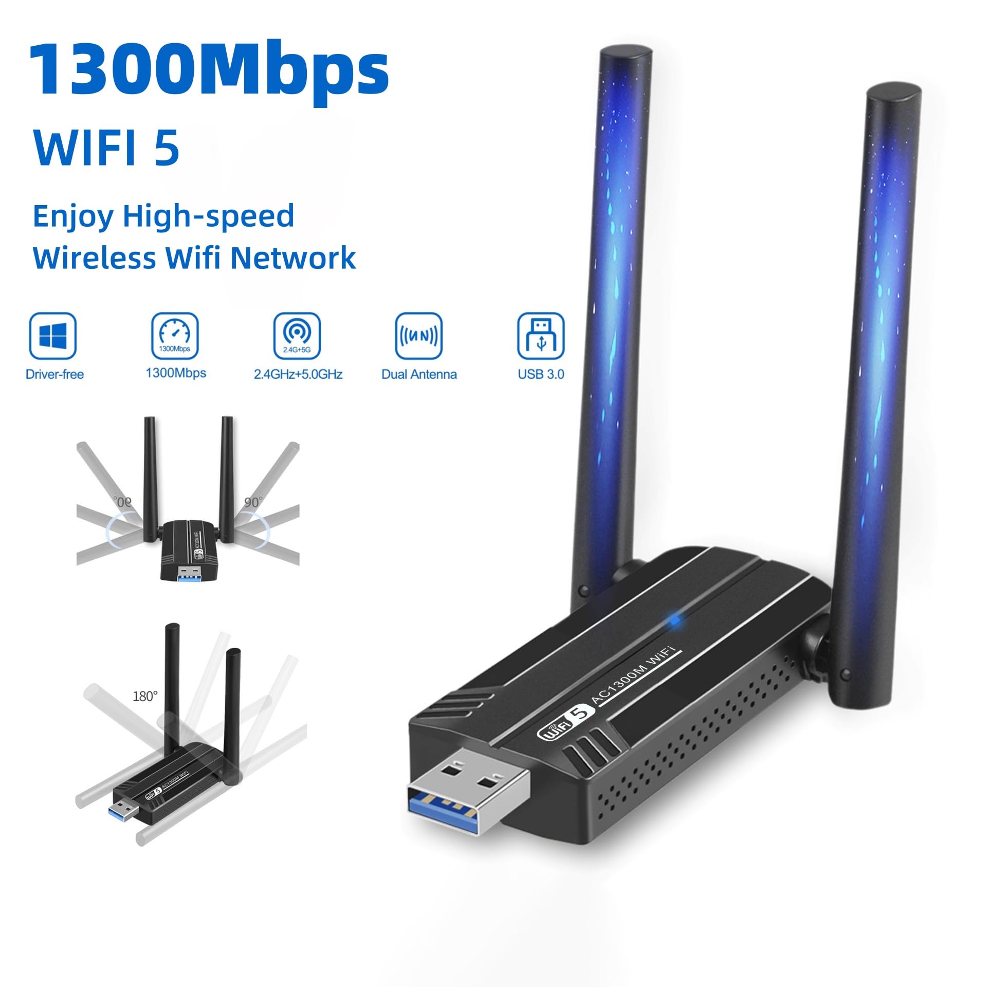 USB WiFi Adapter for PC, 1300Mbps Dual Band 2.4GHz/400Mbps&5.8GHz/867Mbps 5dBi High Gain Dual Antenna 802.11AC USB 3.0 Wireless WiFi Adapter Support WIN7/8/8.1/10/11/XP/Vista/Mac OS 10.9-10.15