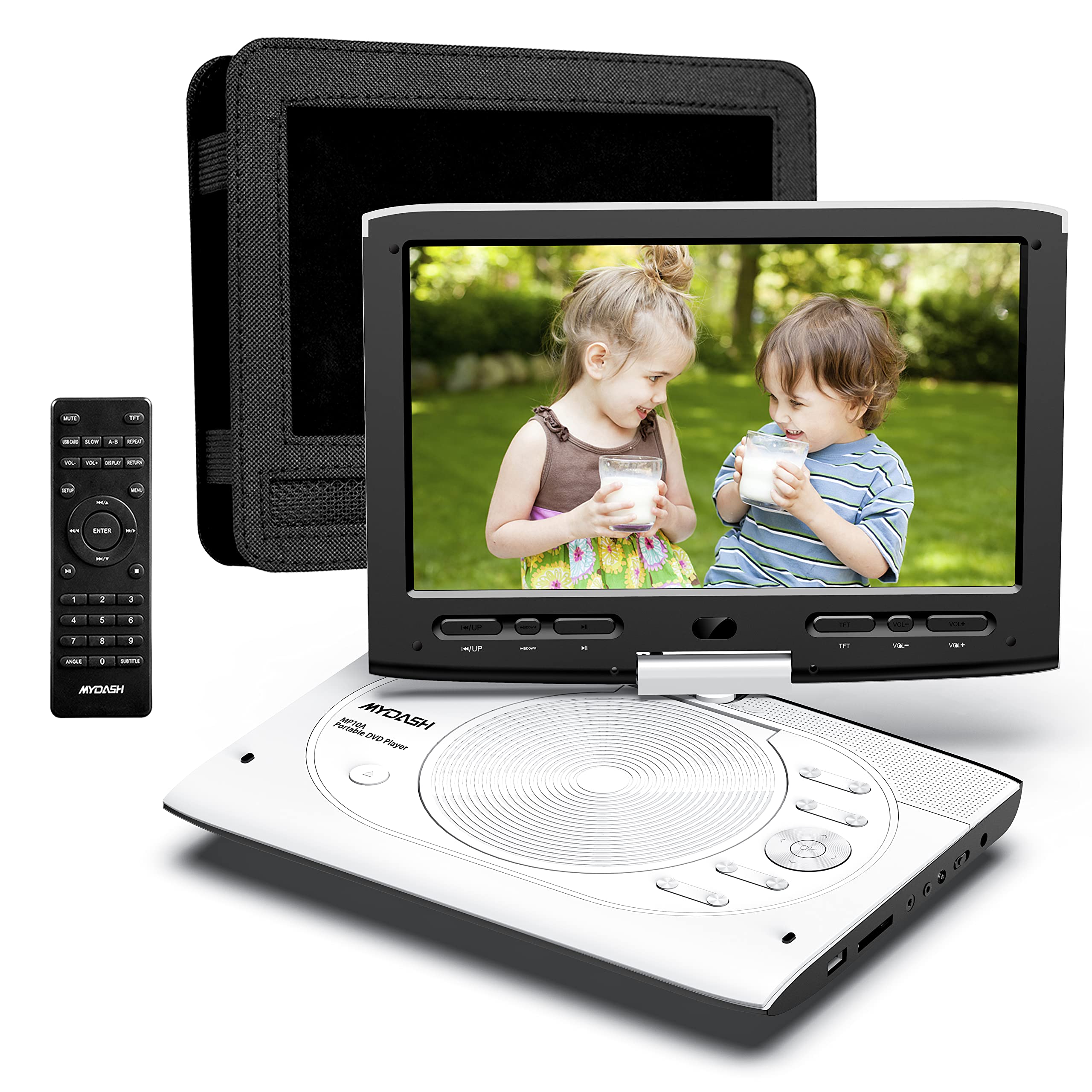 MYDASH Portable DVD Player 12.5", DVD Player for Car with 10.1" HD Swivel Screen, Unique Button Design, Sync to Screen, Car Headrest Mount, 5 Hrs Rechargeable Battery, White