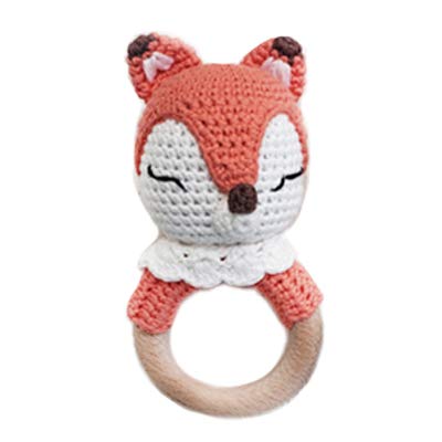 Natural Crochet Teether Toy Rattle for Baby Forest Friends Amigurumi Crochet Bunny Deer Fox on Natural Wooden Teething Ring Rattle and Beaded Pacifier Clip (Foxy)