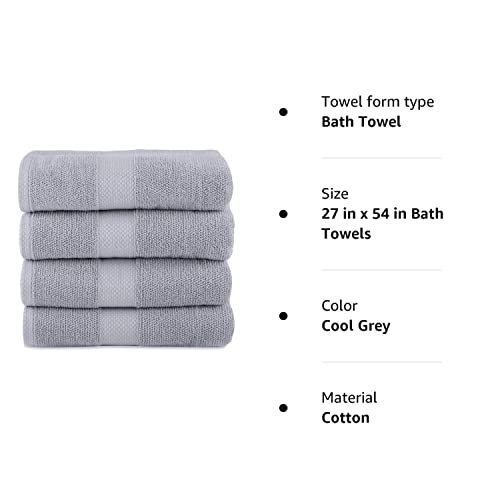 MAURA Premium Bath Towels 100% Cotton 27x54 Ultra Absorbent Quick Dry 4 Pack Soft Terry Bath Towels Set for Bathroom, Hotel and Spa Quality, Cool Grey